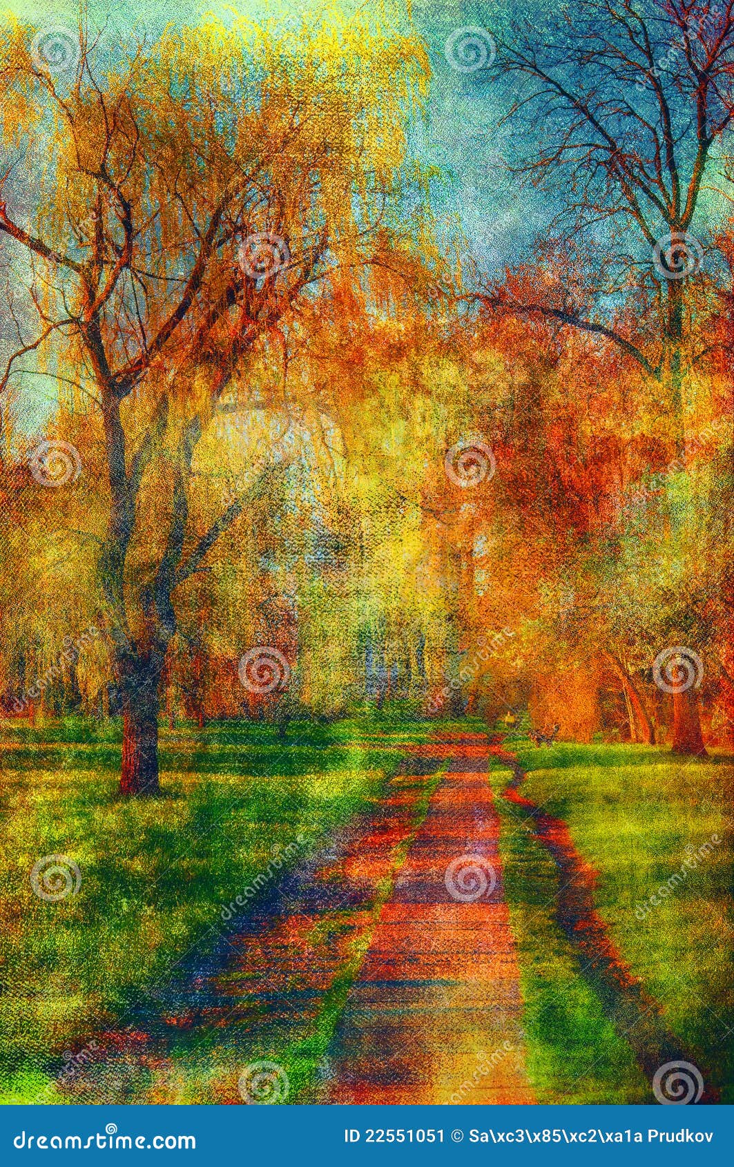 Art Grunge Landscape - Walkway through the Park Stock Illustration ...