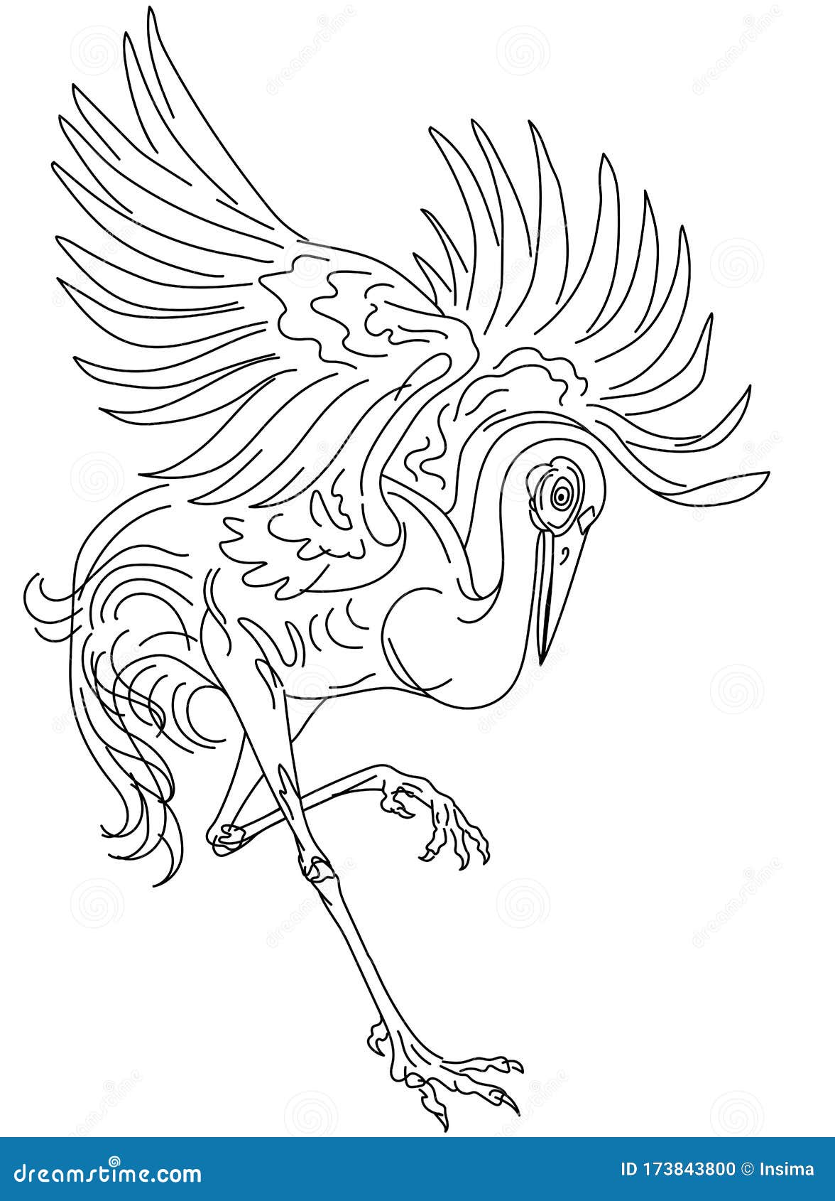Dancing Crane Bird. Line Art Tattoo Stock Vector - Illustration of ...