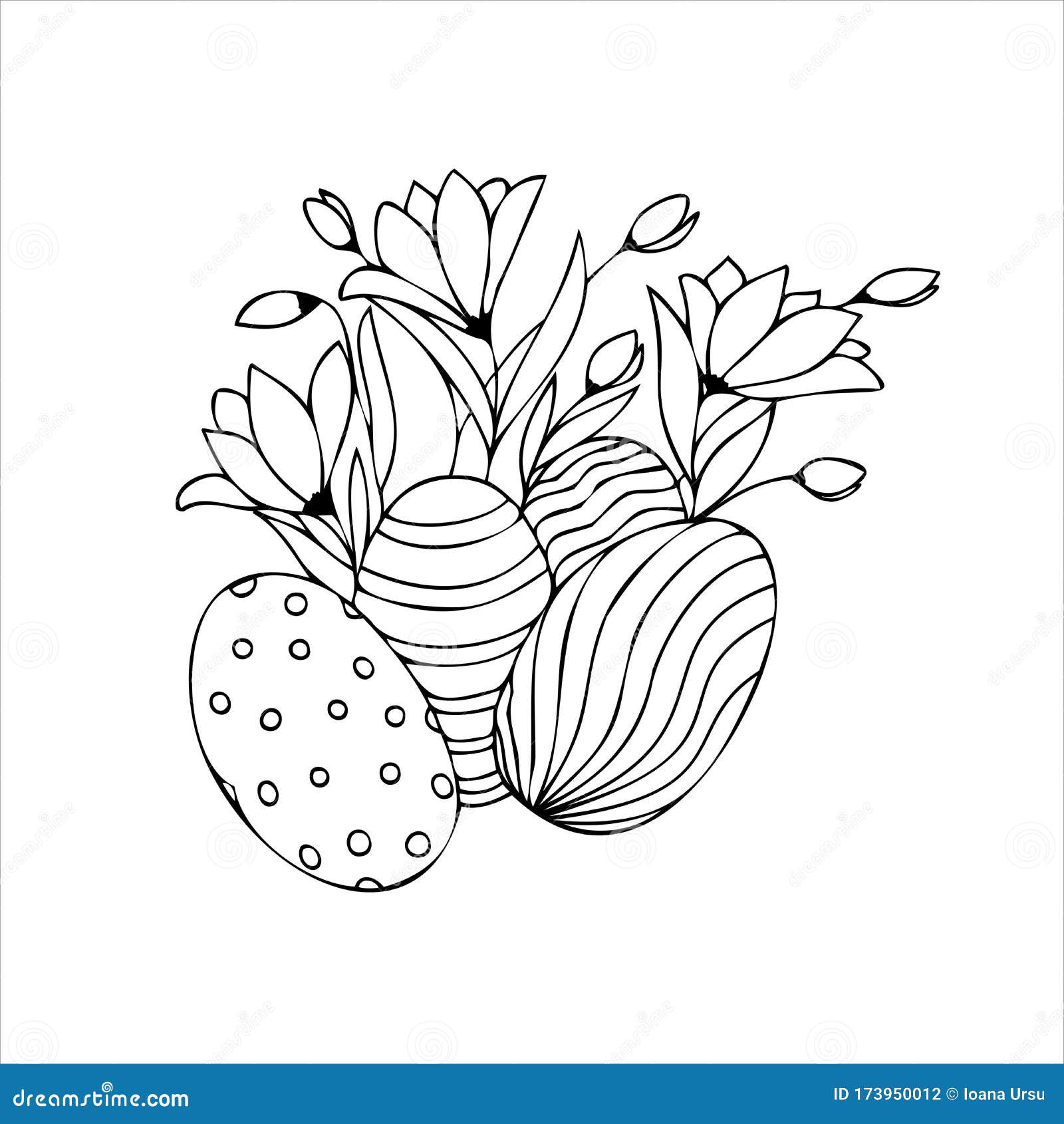 Easter Vector Illustration with Flowers and Easter Eggs, Easter Sketch ...