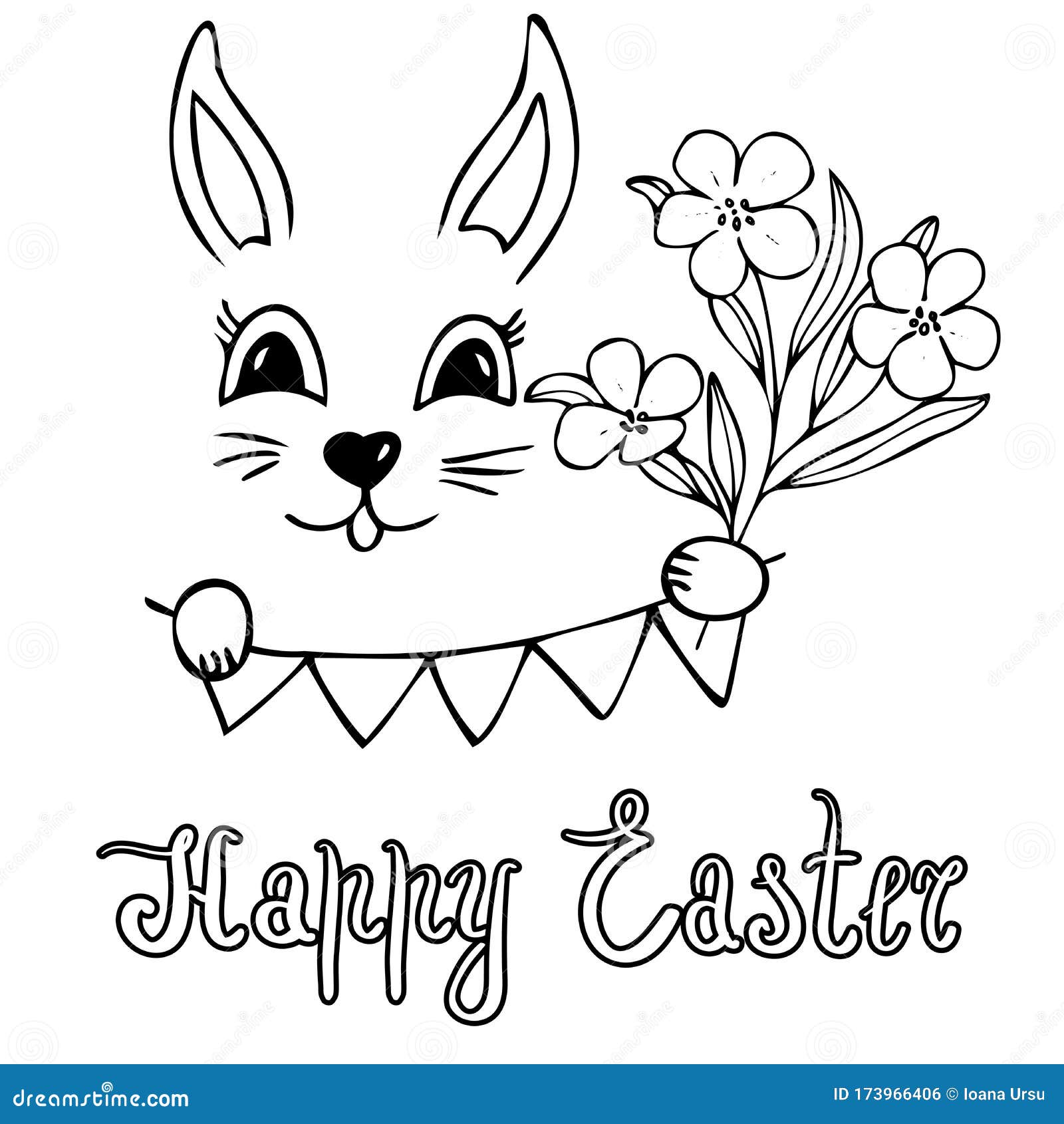 Easter Card with Bunny and Flowers, Simple Happy Easter Doodle Design ...