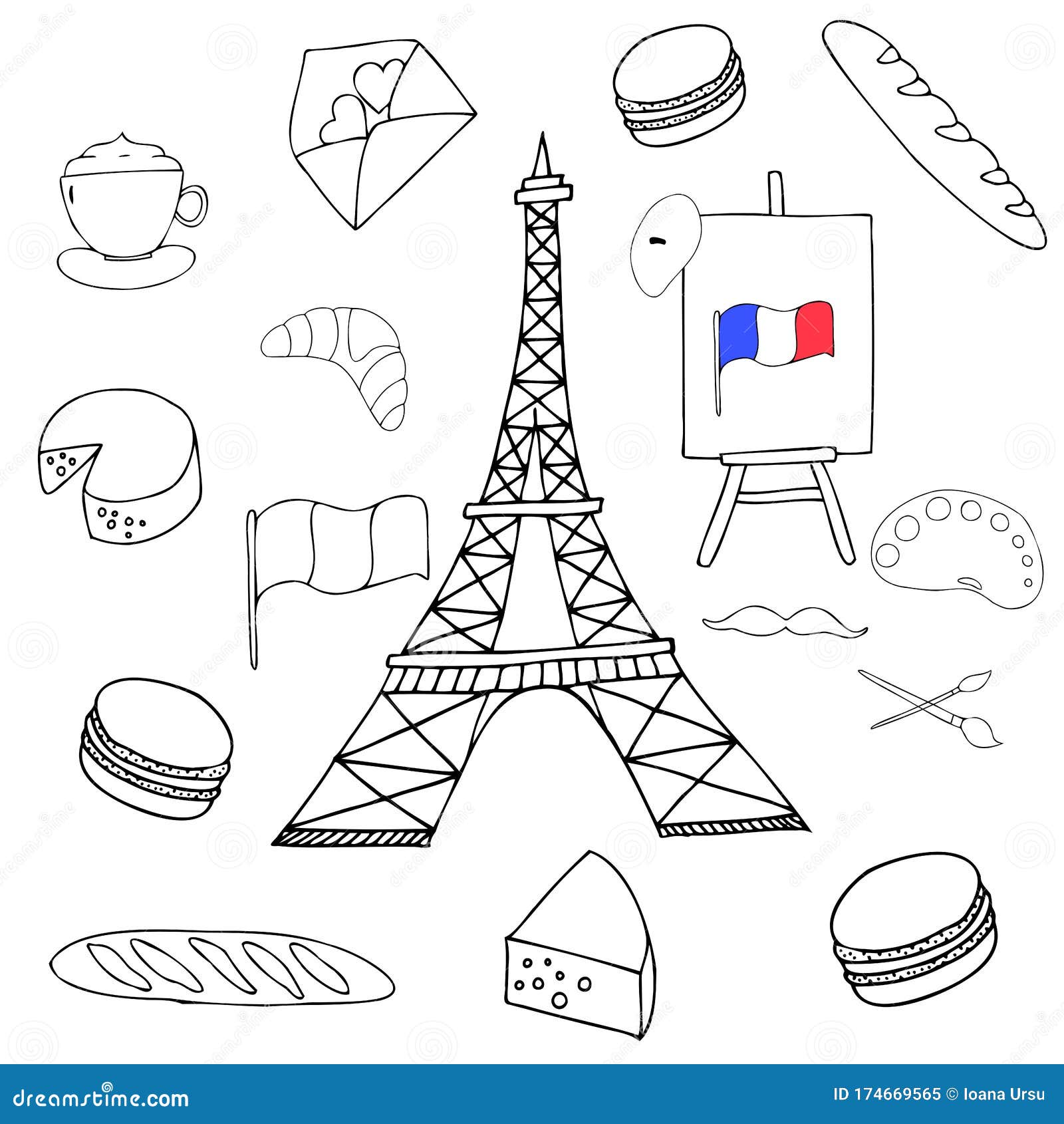 Set of Hand Drawn Paris Elements, Simple Tour Eiffel Doodle, Vector ...
