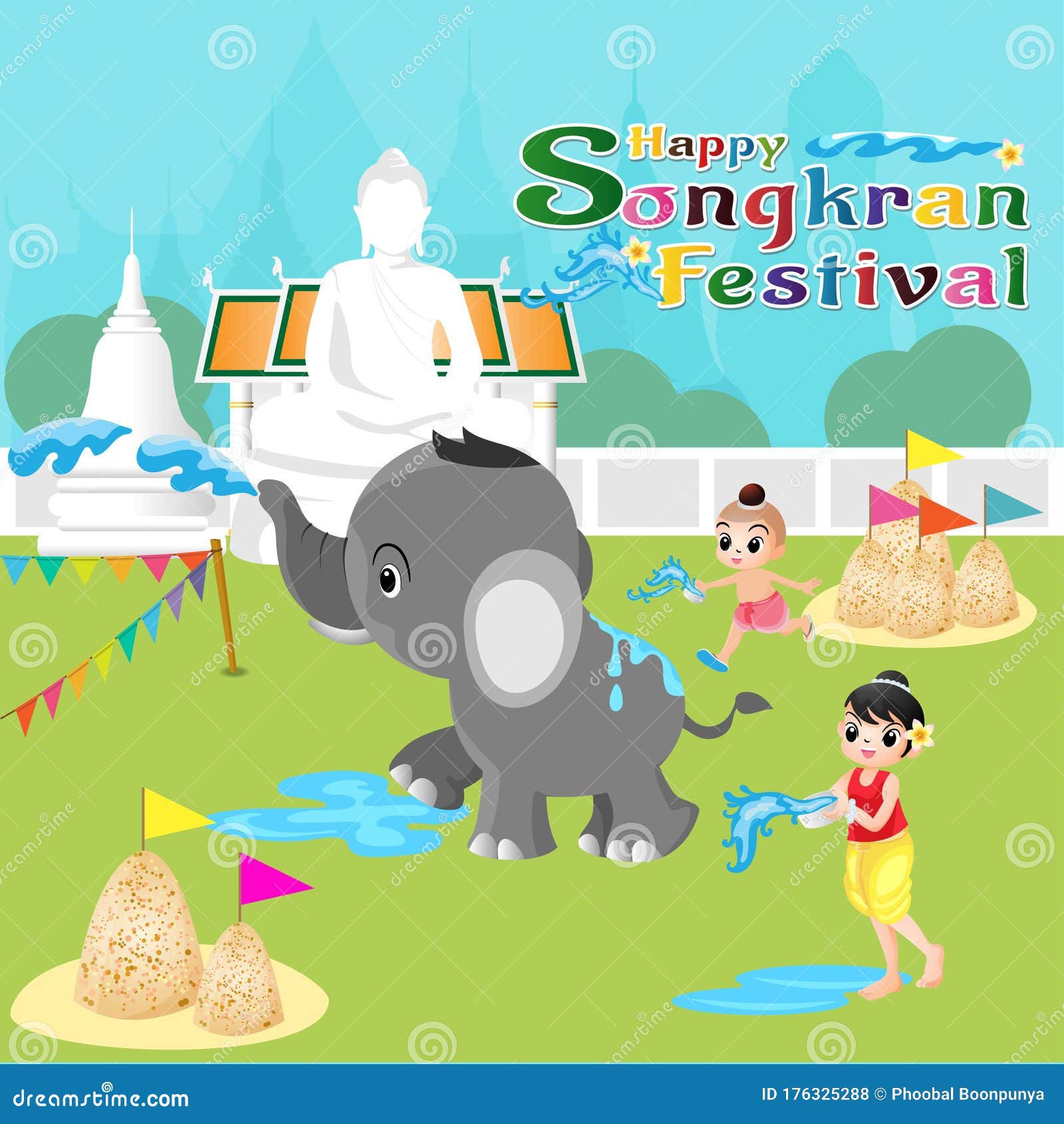Cartoon Happy Kids and Elephant Enjoy Thai Songkran Water Festival ...