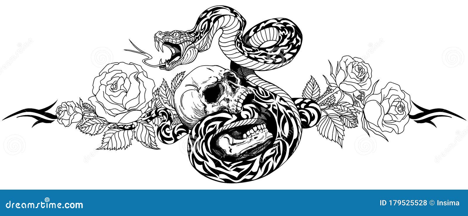 Snake Roses and Broken Skull. Black and White Stock Vector ...