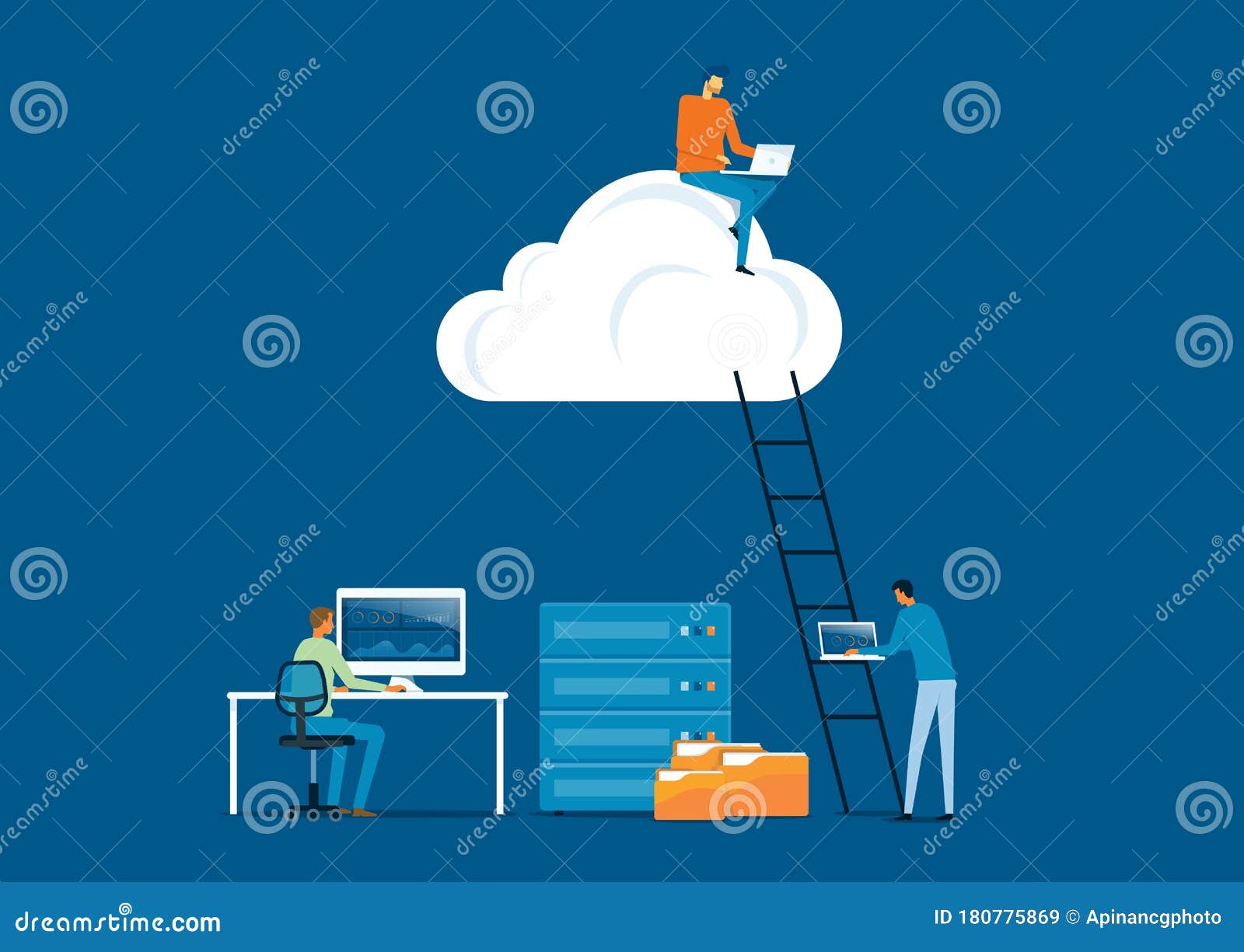 Flat Vector Business Technology Storage Cloud Computing Service Concept with Developer Team ...