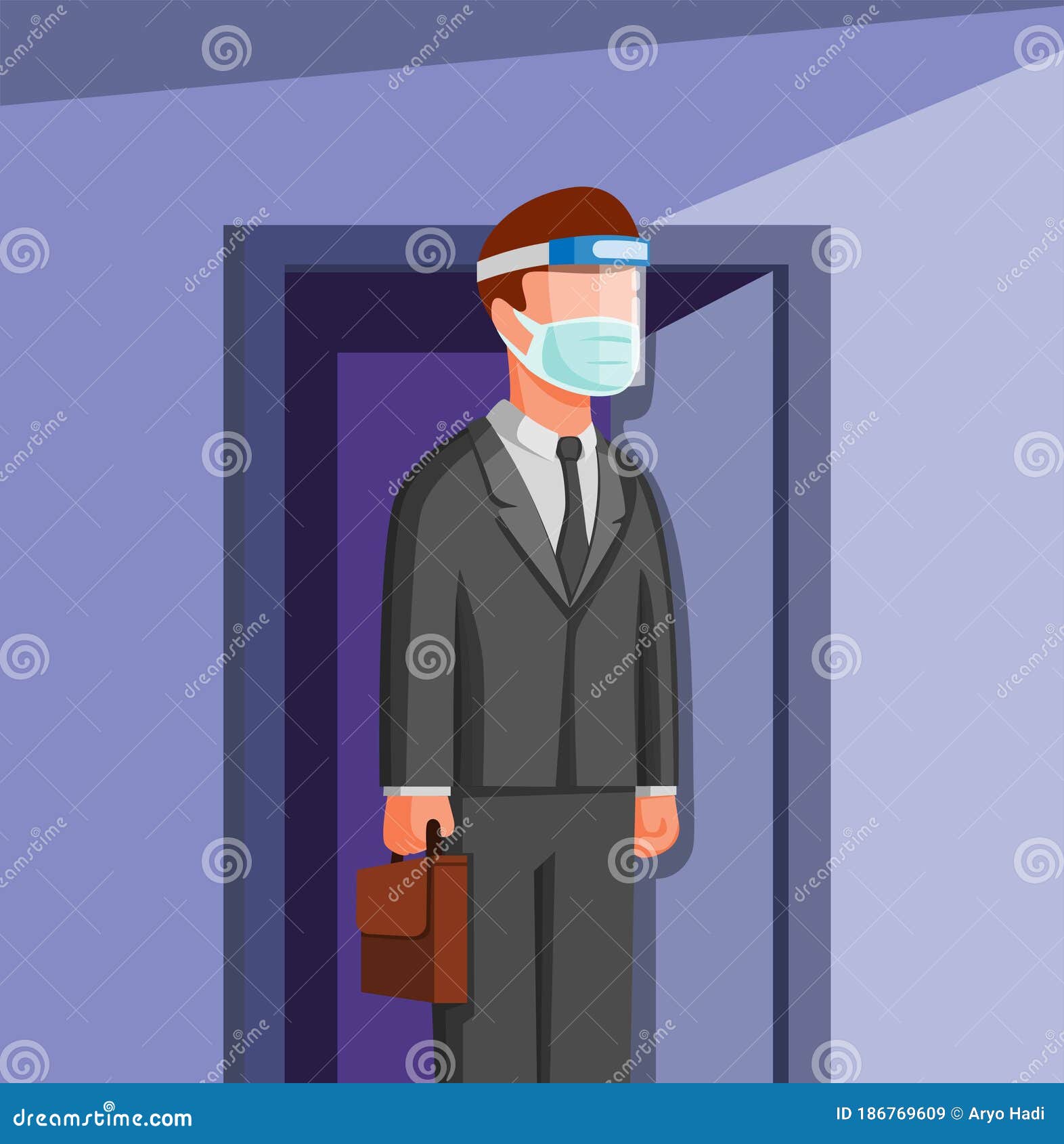 Man Outside Door Go To Work Wear Face Shield and Mask, People Office ...