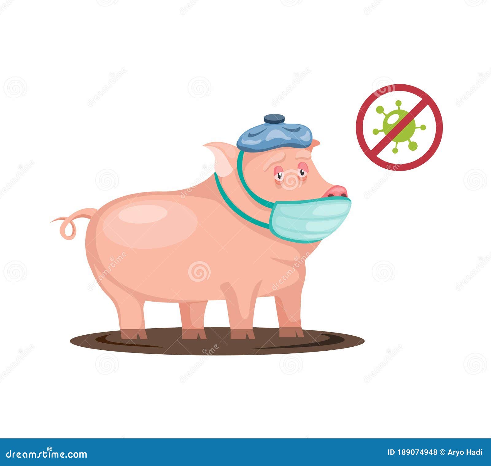 Pig Sick Got Fever and Flu Wear Mask and Cool Compress Symbo. Bacteria ...
