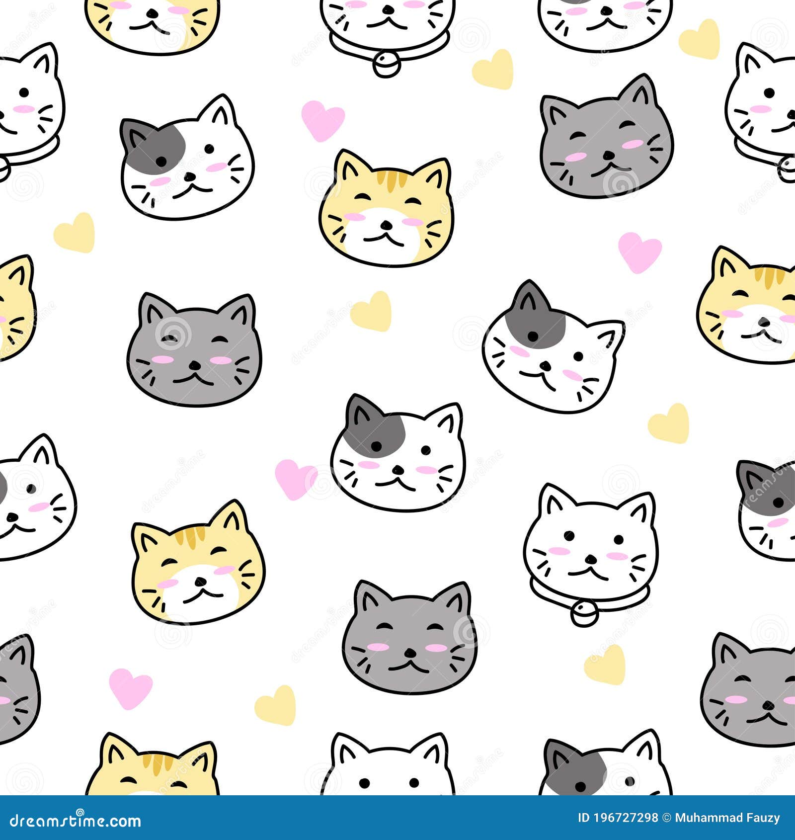 Cute Cat Face Doodle Seamless Pattern Stock Vector - Illustration of ...