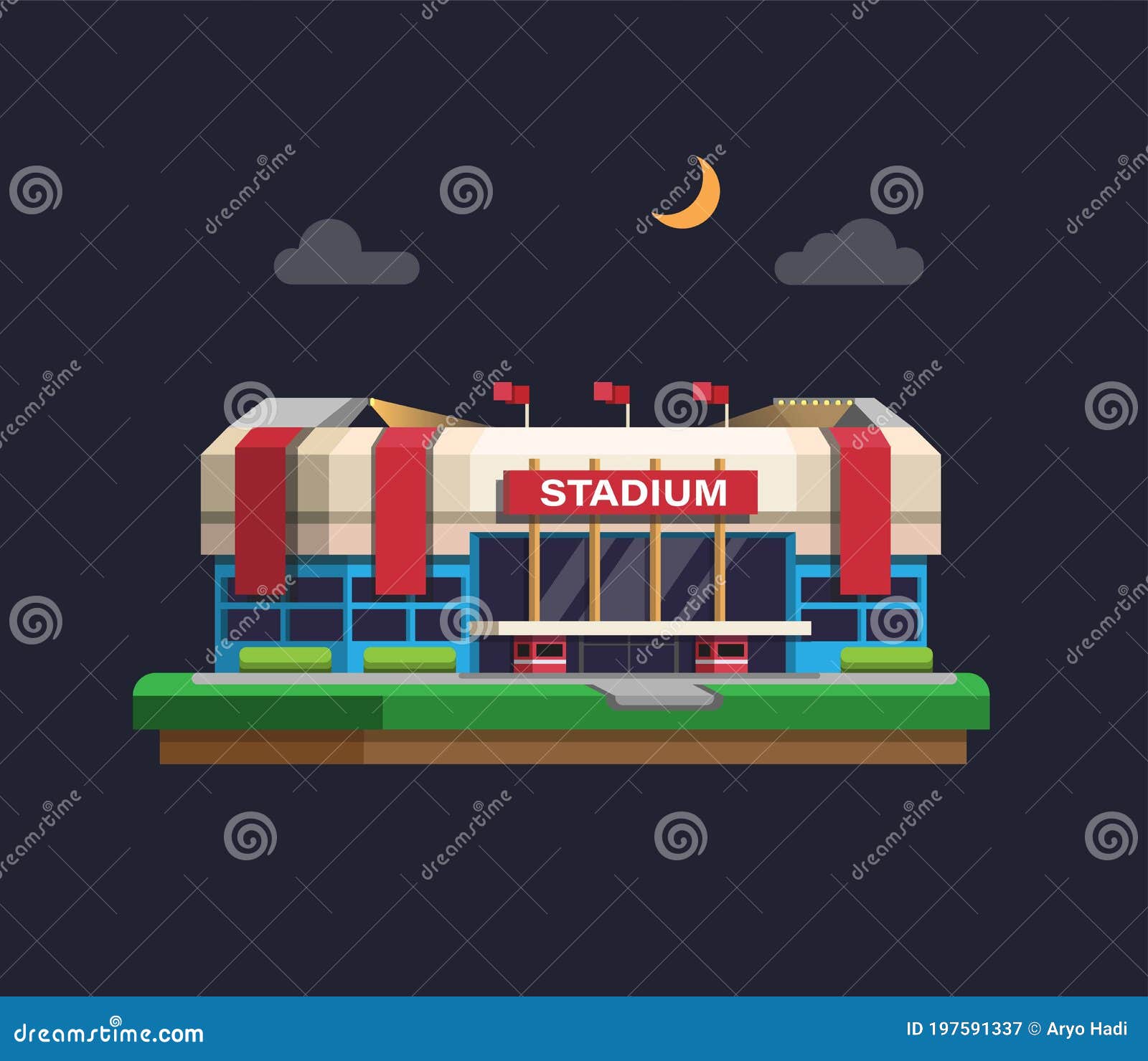 Arena Sport Stadium Building in Night Concept in Flat Cartoon ...