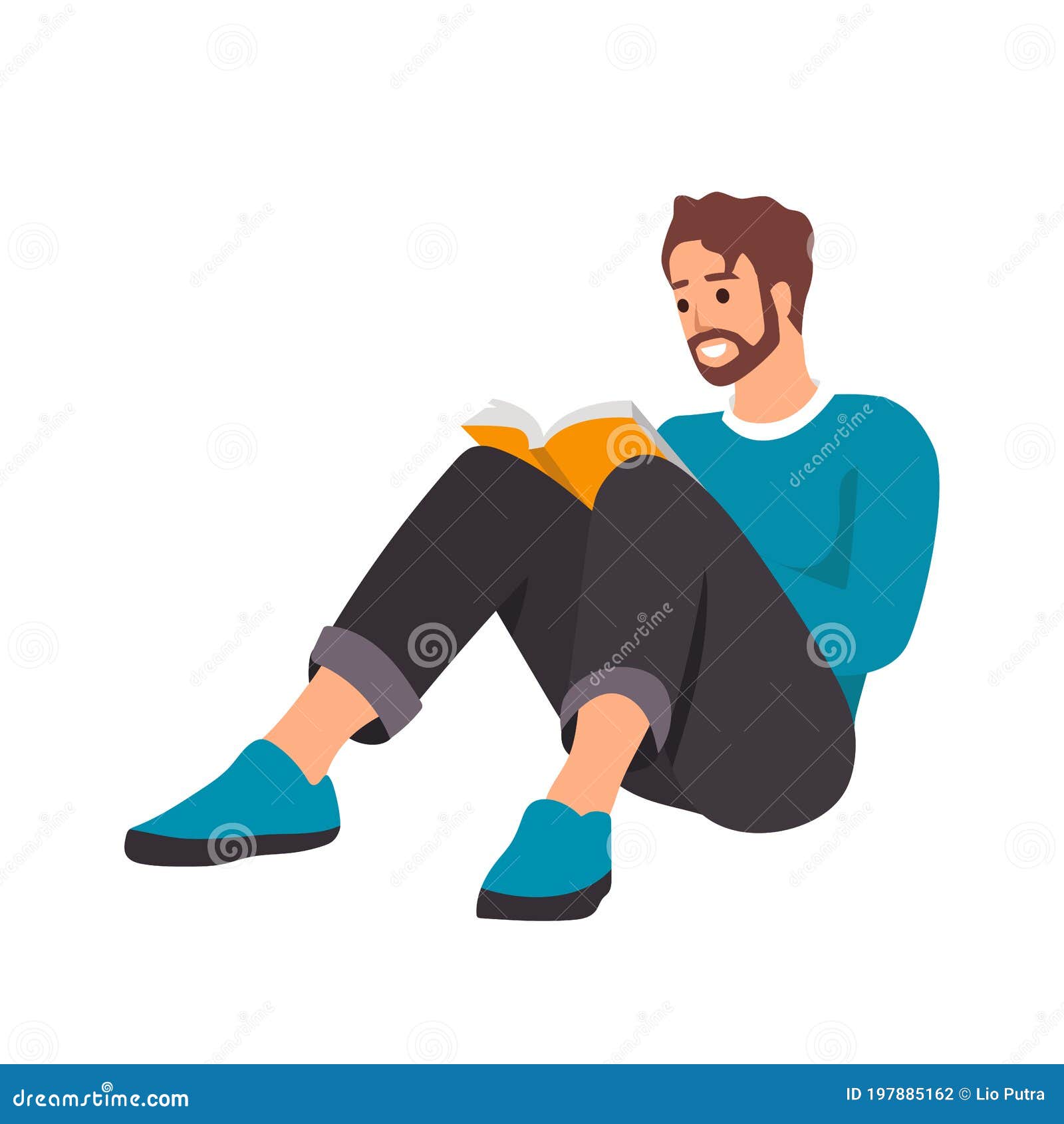Flat Man with Home Clothes Reading Book. Stock Vector - Illustration of ...