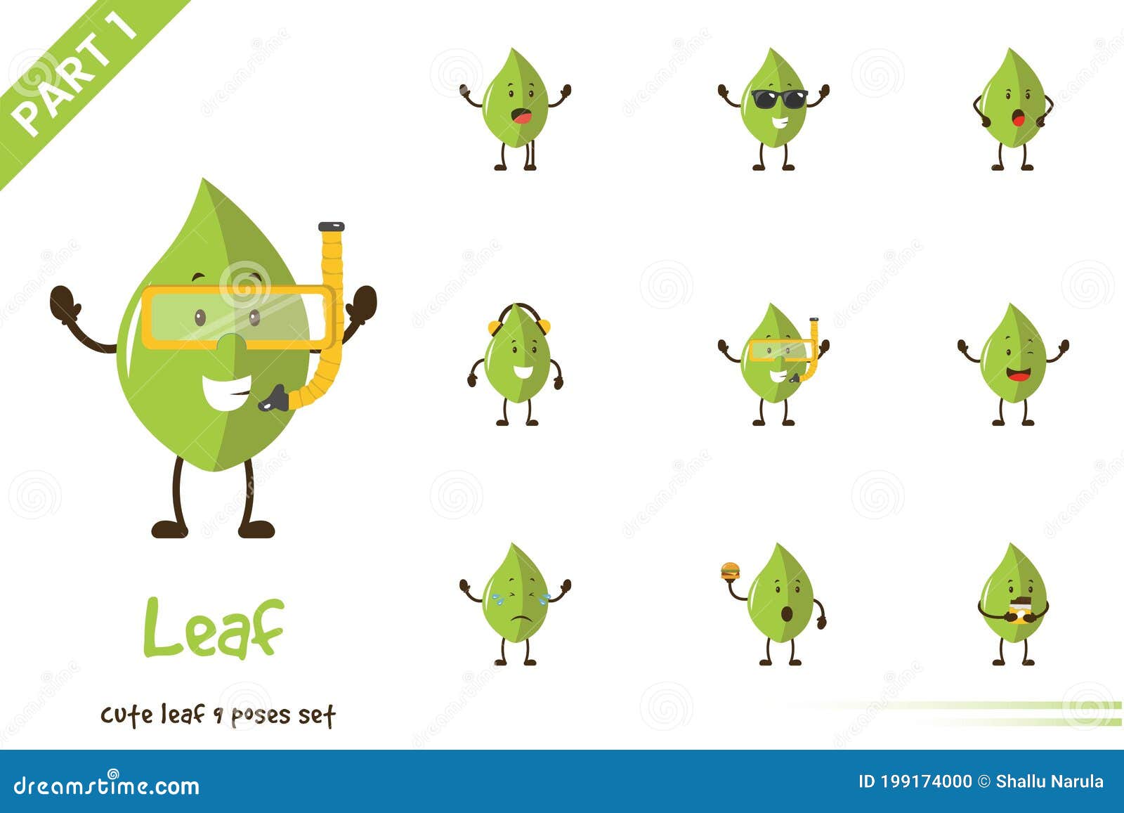 Cartoon Illustration of Cute Leaf Poses Set. Stock Vector ...