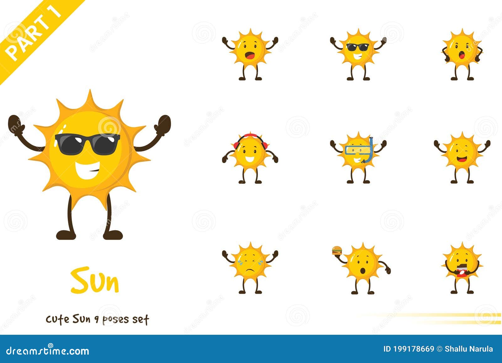 Cartoon Illustration of Cute Sun Poses Set. Stock Vector - Illustration ...