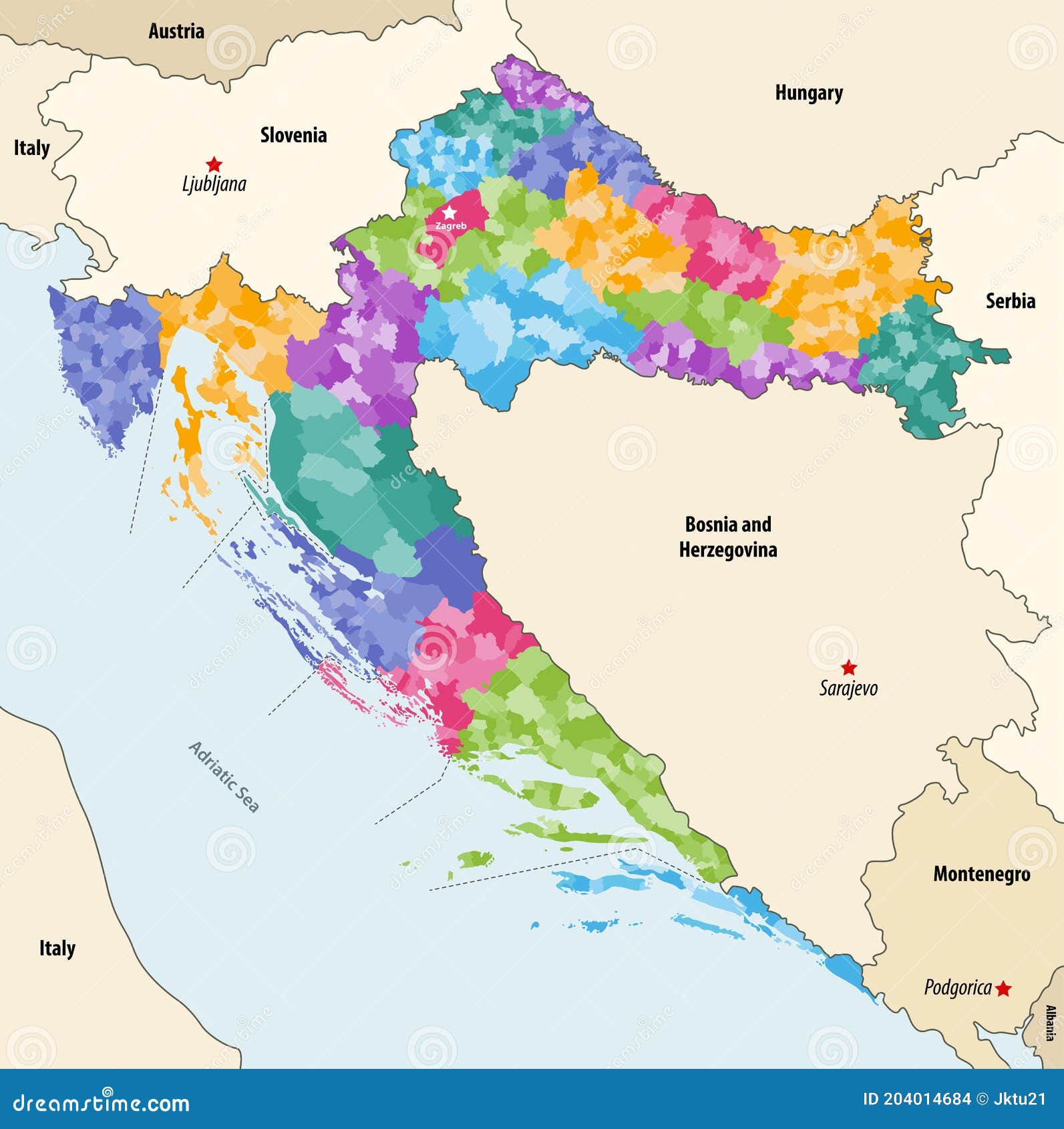 Vector Map of Croatia Municipalities Colored by Counties with ...