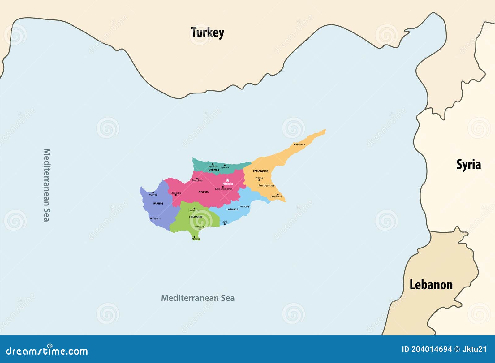 Cyprus Regions Vector Map with Neighbouring Countries and Territories ...