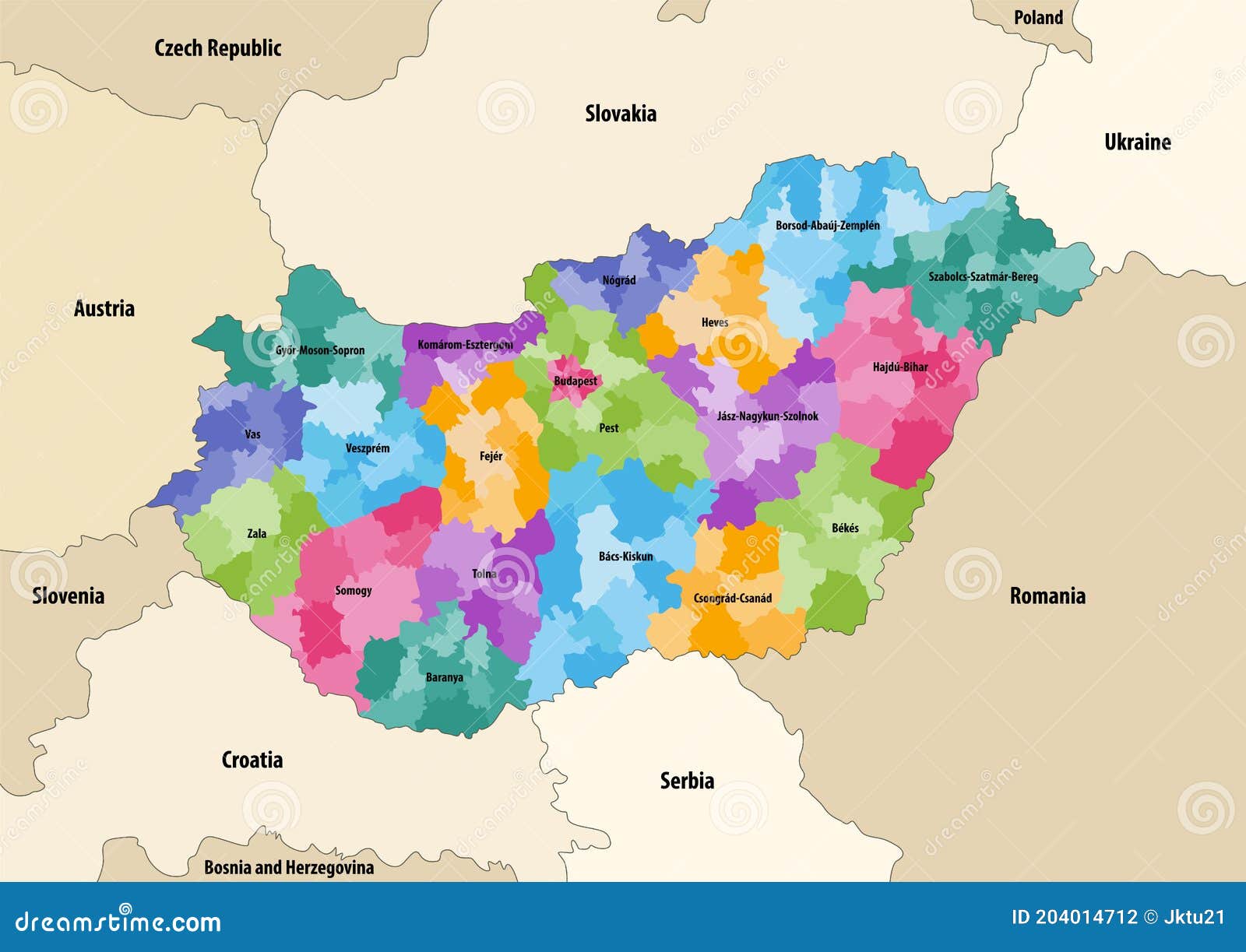 Vector Map of Districts of Hungary Colored by Counties with ...