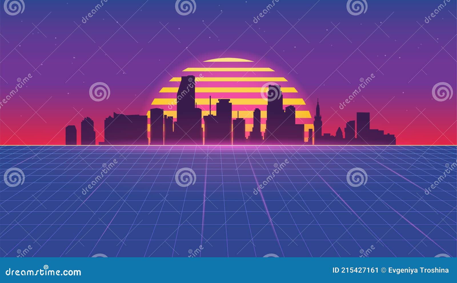 Retro 80s Illustration with Rising Sun and Miami Skyline Stock Vector ...