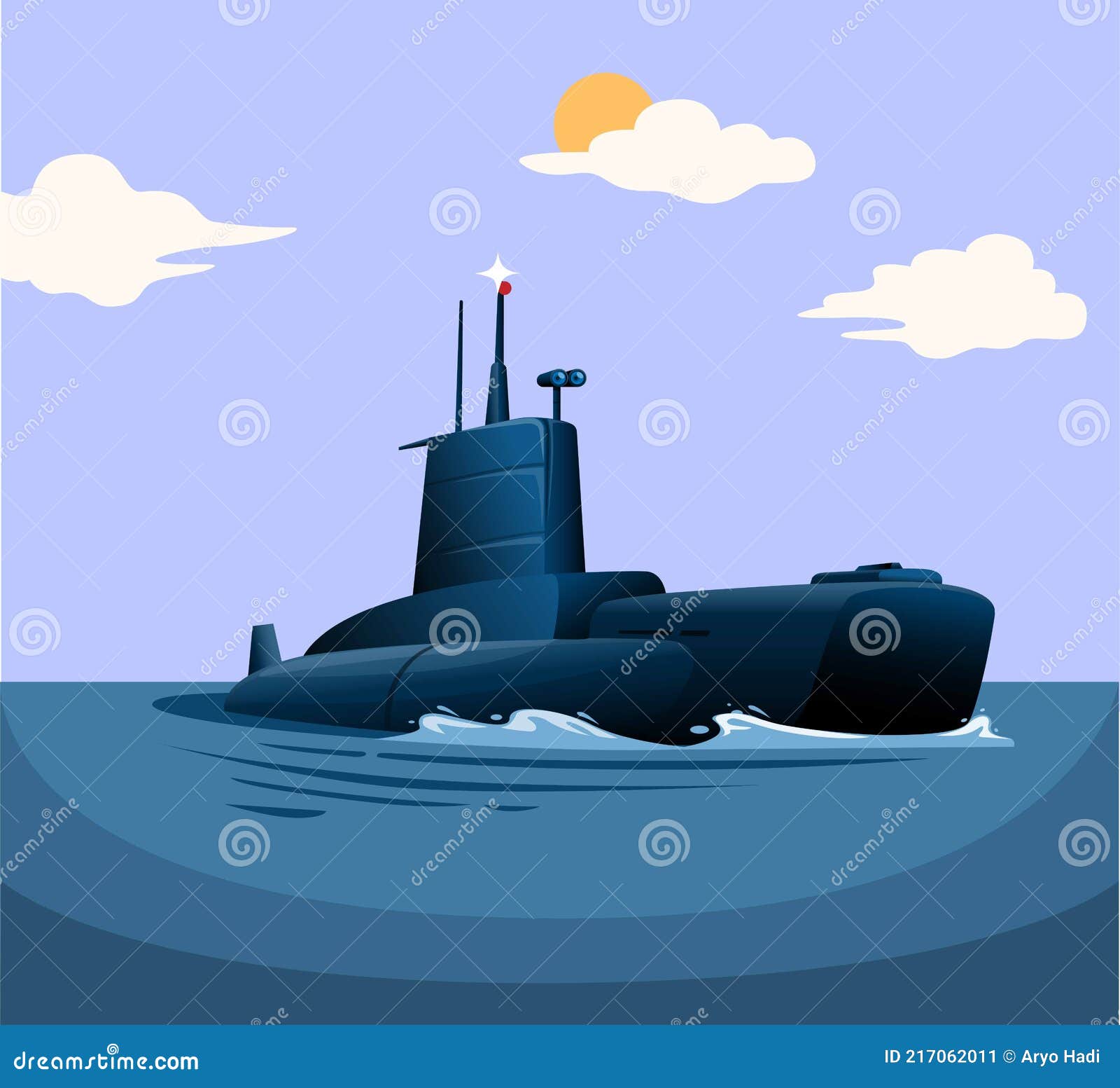 Submarine With Navy Soldier Sea Island Sunset. Military Warship Cartoon ...