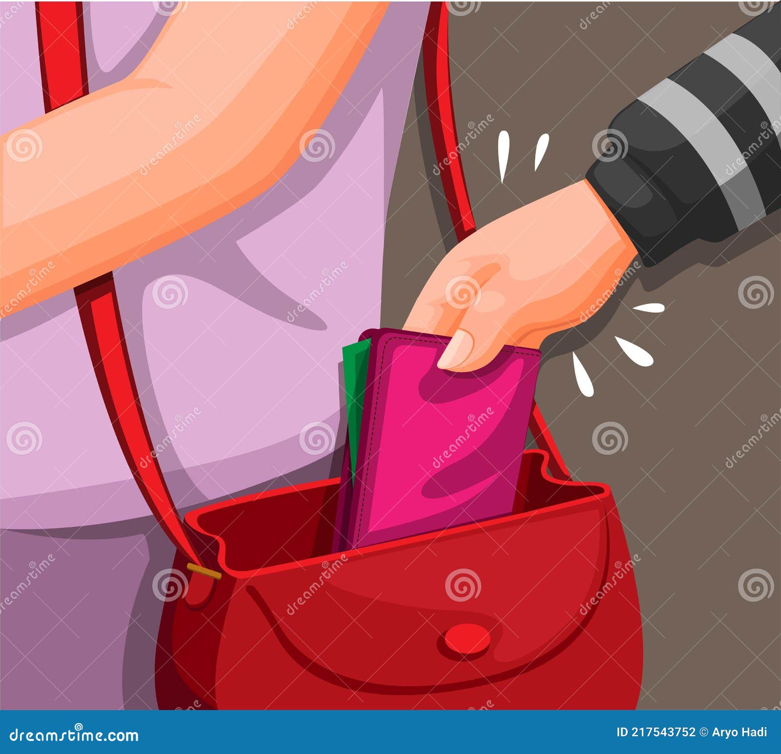 Hand of a Thief Stealing Wallet from Woman Bag Scene Concept in Cartoon ...