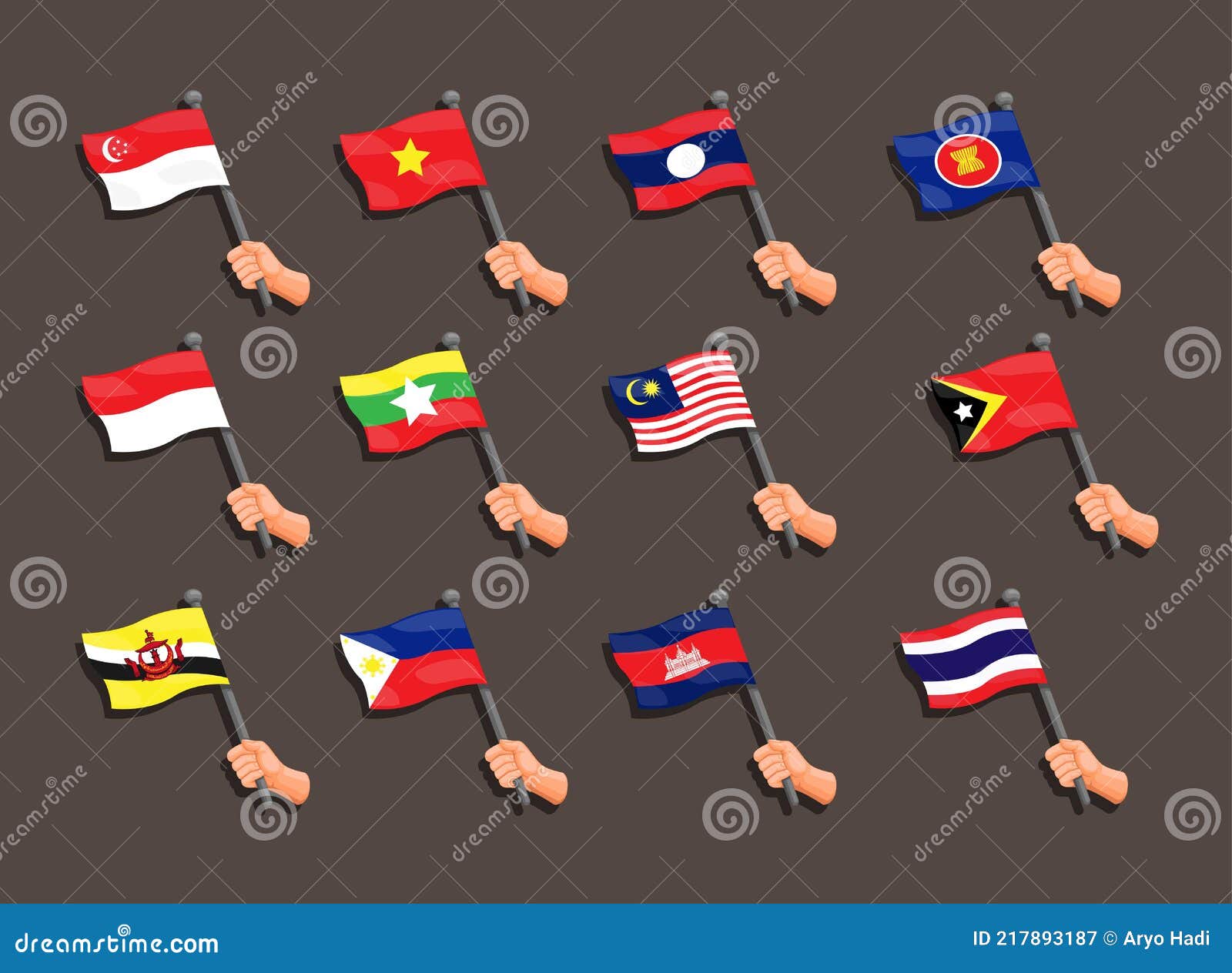 Asean Collection Flag with Hand Symbol Set Concept in Cartoon ...
