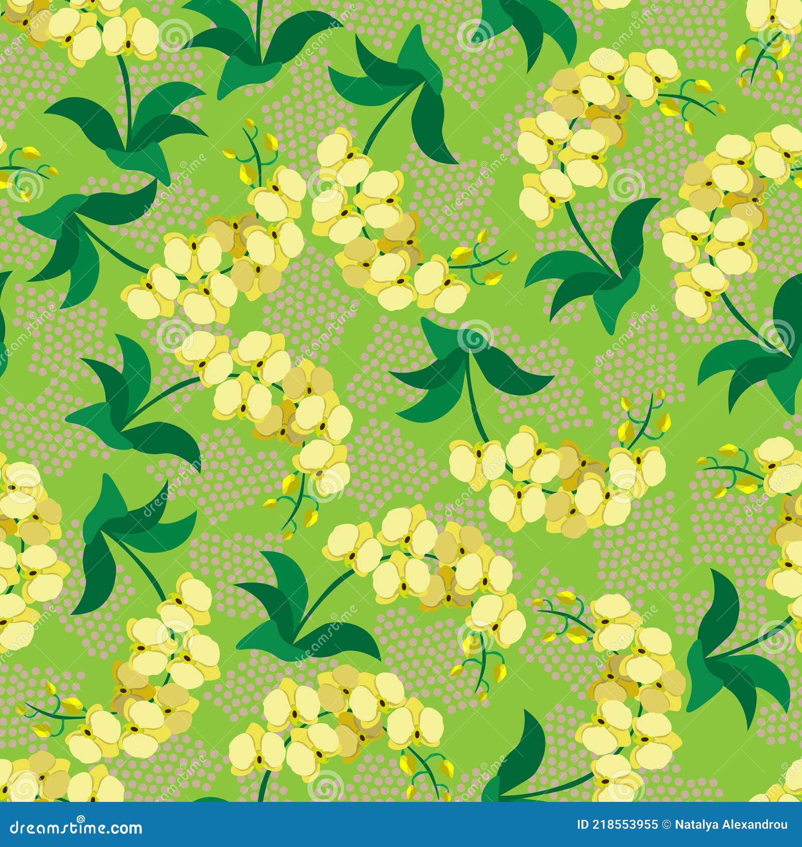 Yellow Orchids on Green Background. Seamless Pattern, Vector Stock ...