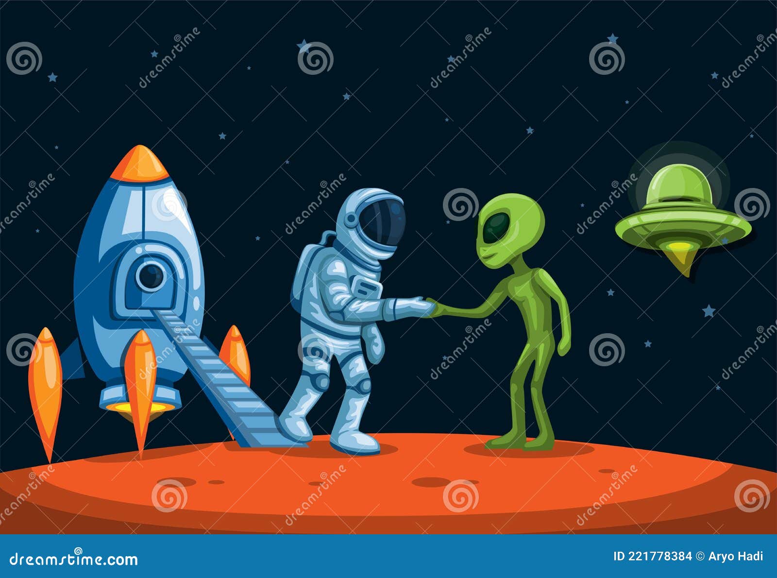 Astronaut Landing on Planet Greeting and Handshake with Alien Concept ...