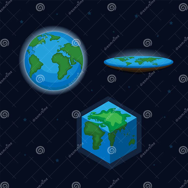 Earth Round, Flat and Cubic Shape Symbol Icon Set Illustration Vector ...