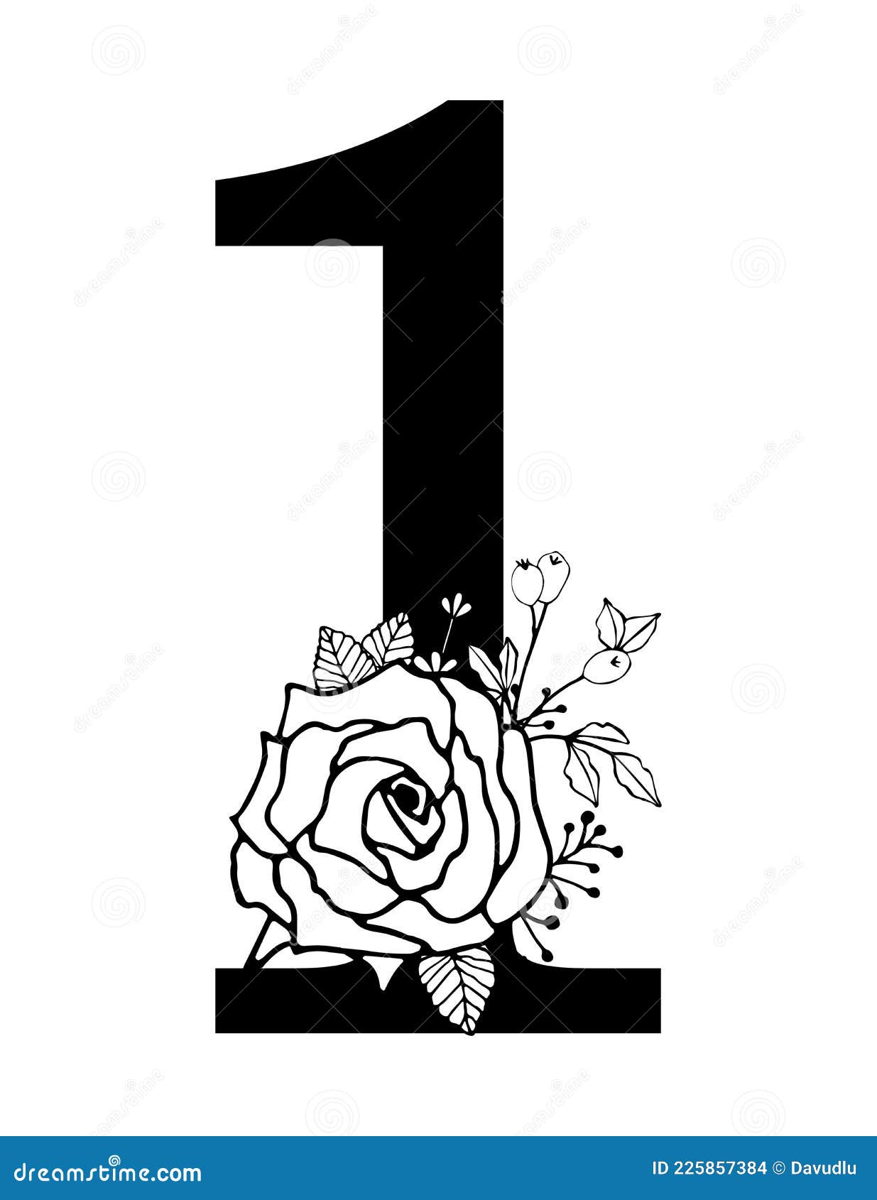 Hand Drawn Floral Number One Monogram and Logo Design in Doodle Style ...
