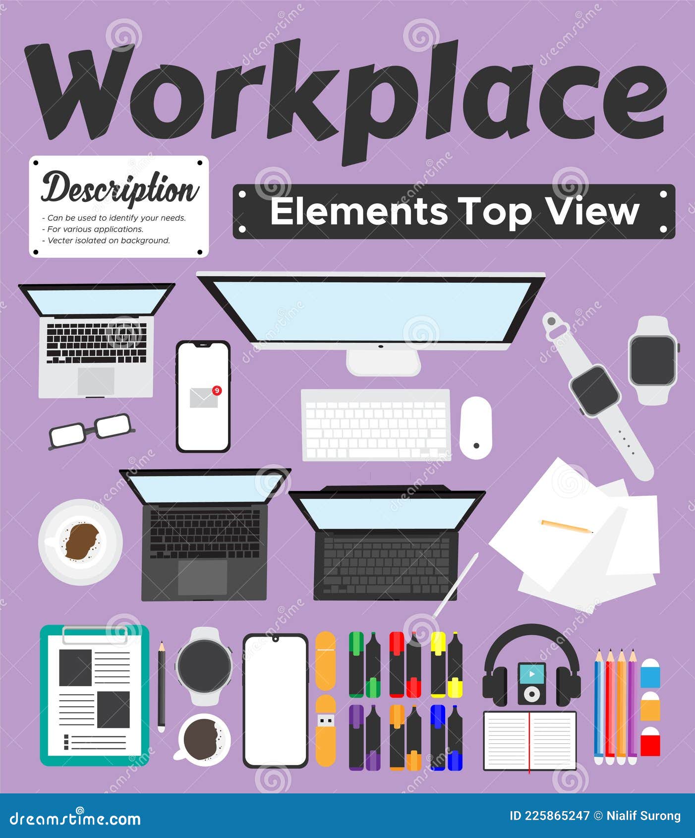 Workplace. Elements Top View Vector Stock Vector - Illustration of ...