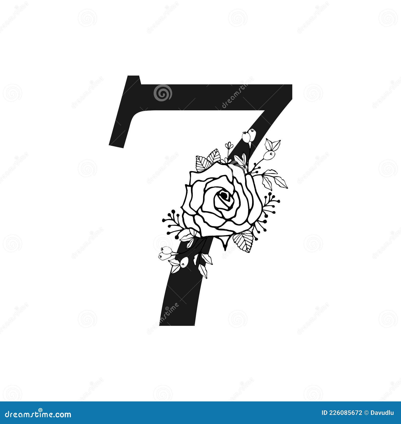 Hand Drawn Floral Number Seven Monogram and Logo Design in Doodle Style ...