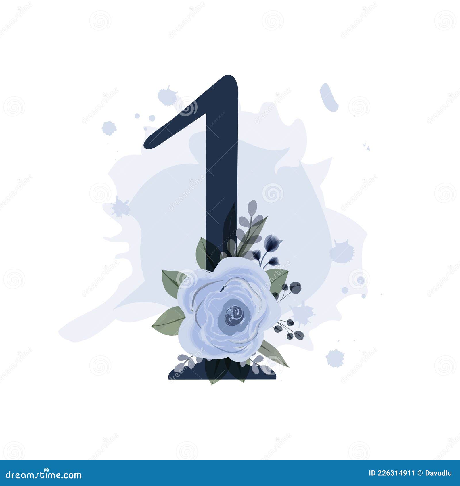 Number One Decorated Royal Blue Rose with Leaves and Watercolor Splash ...