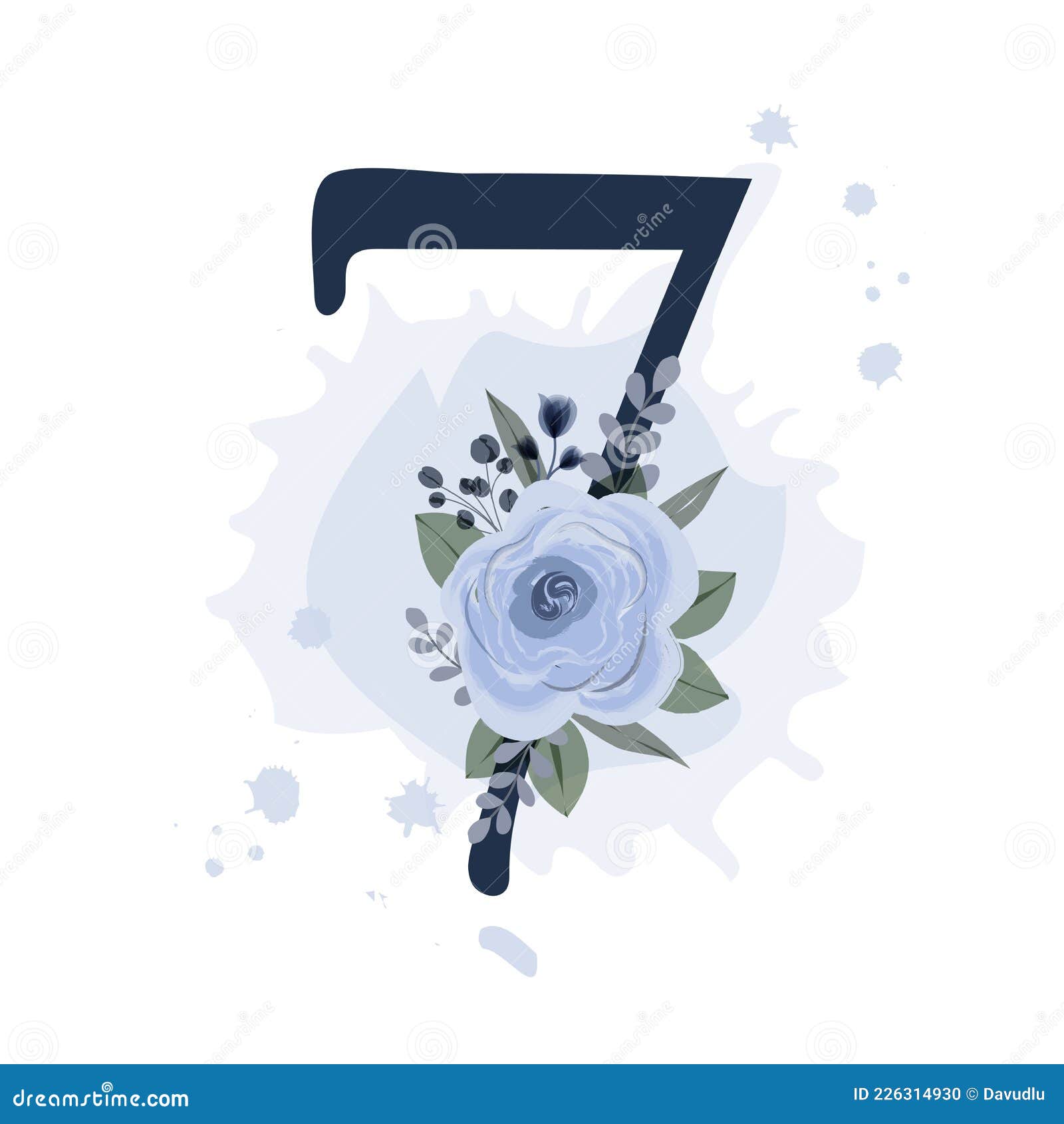Number Seven Decorated Royal Blue Rose with Leaves and Watercolor ...