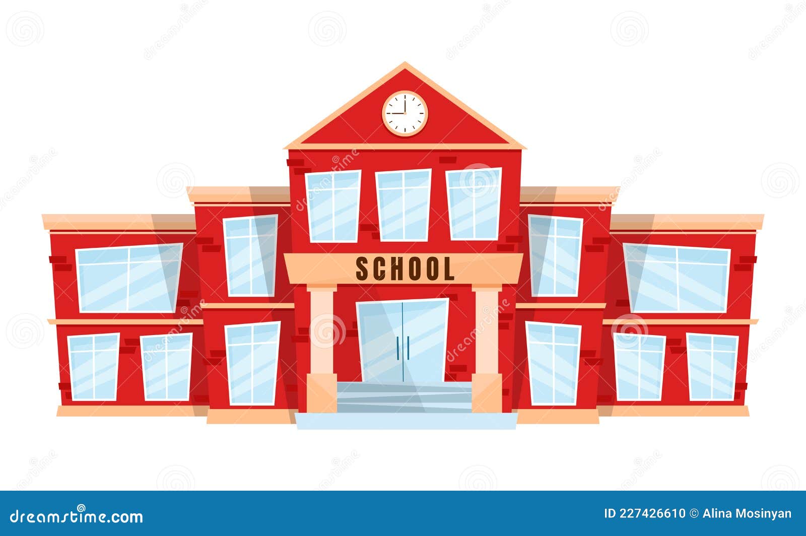 Front View of a Classic School Building with Clock, Big Windows and ...