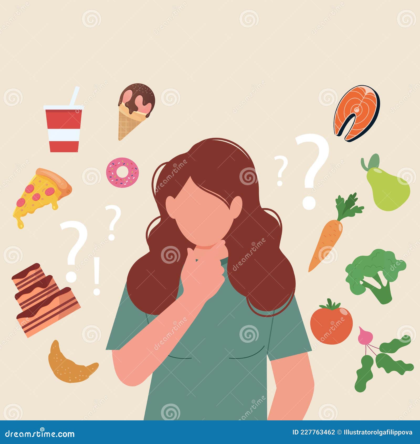 Food Choice Concept. Woman with Question Marks. Girl Thinking about ...