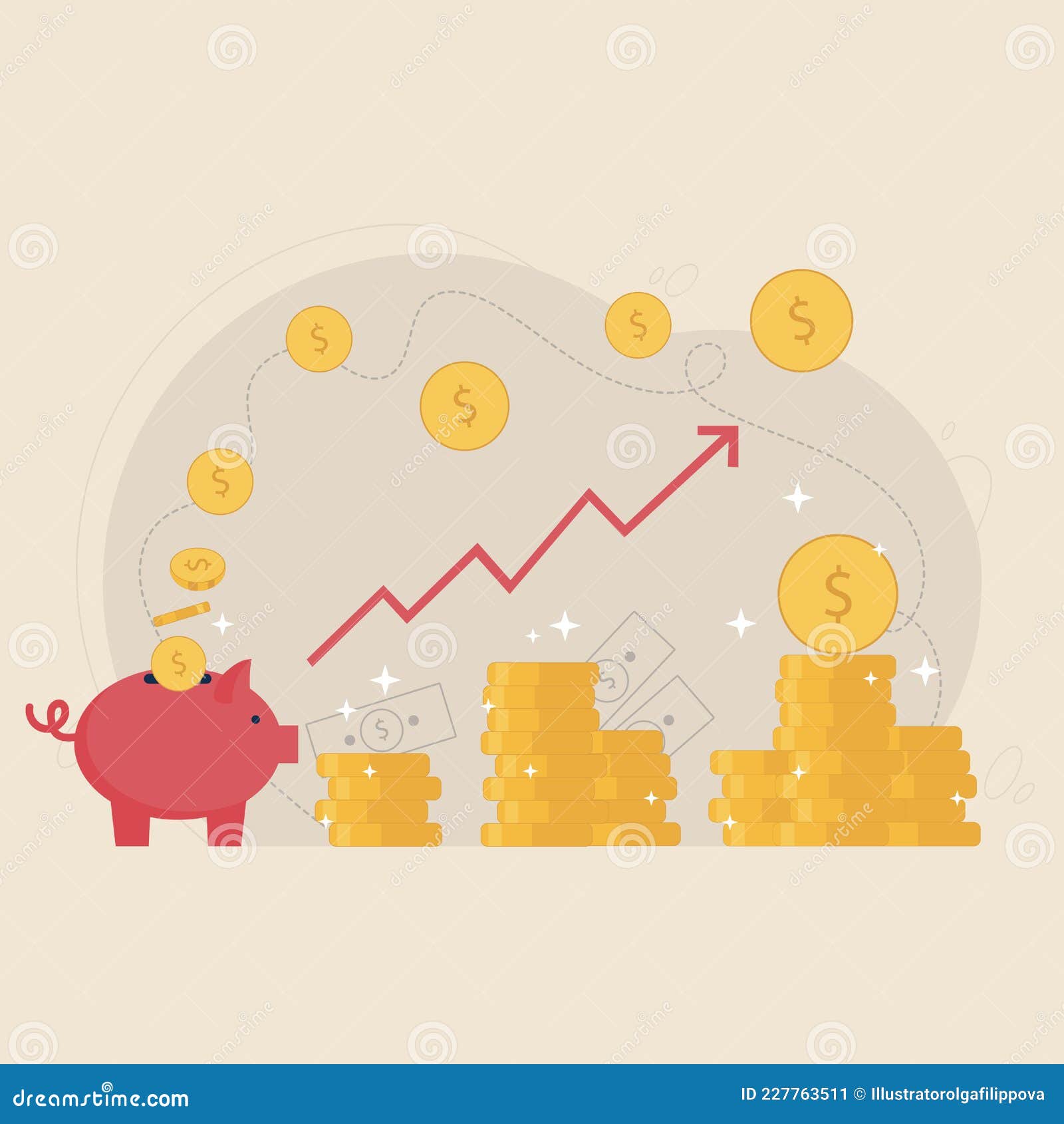 Collecting Gold Coins in Piggy Bank. Financial Growth Graph. Money Save ...