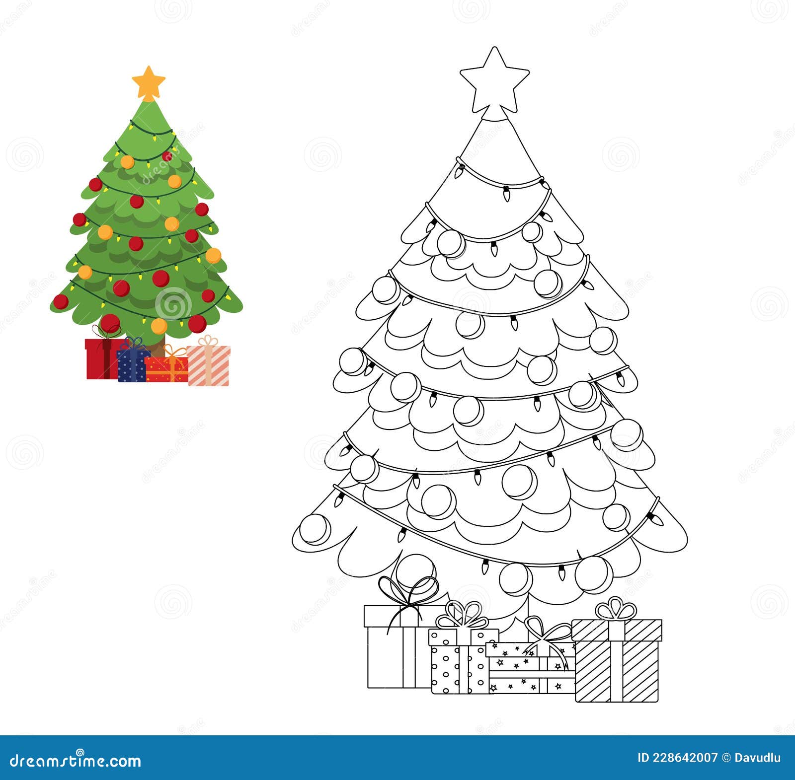 Christmas Tree with Decorations and Gifts. Greeting Card Concept Stock ...