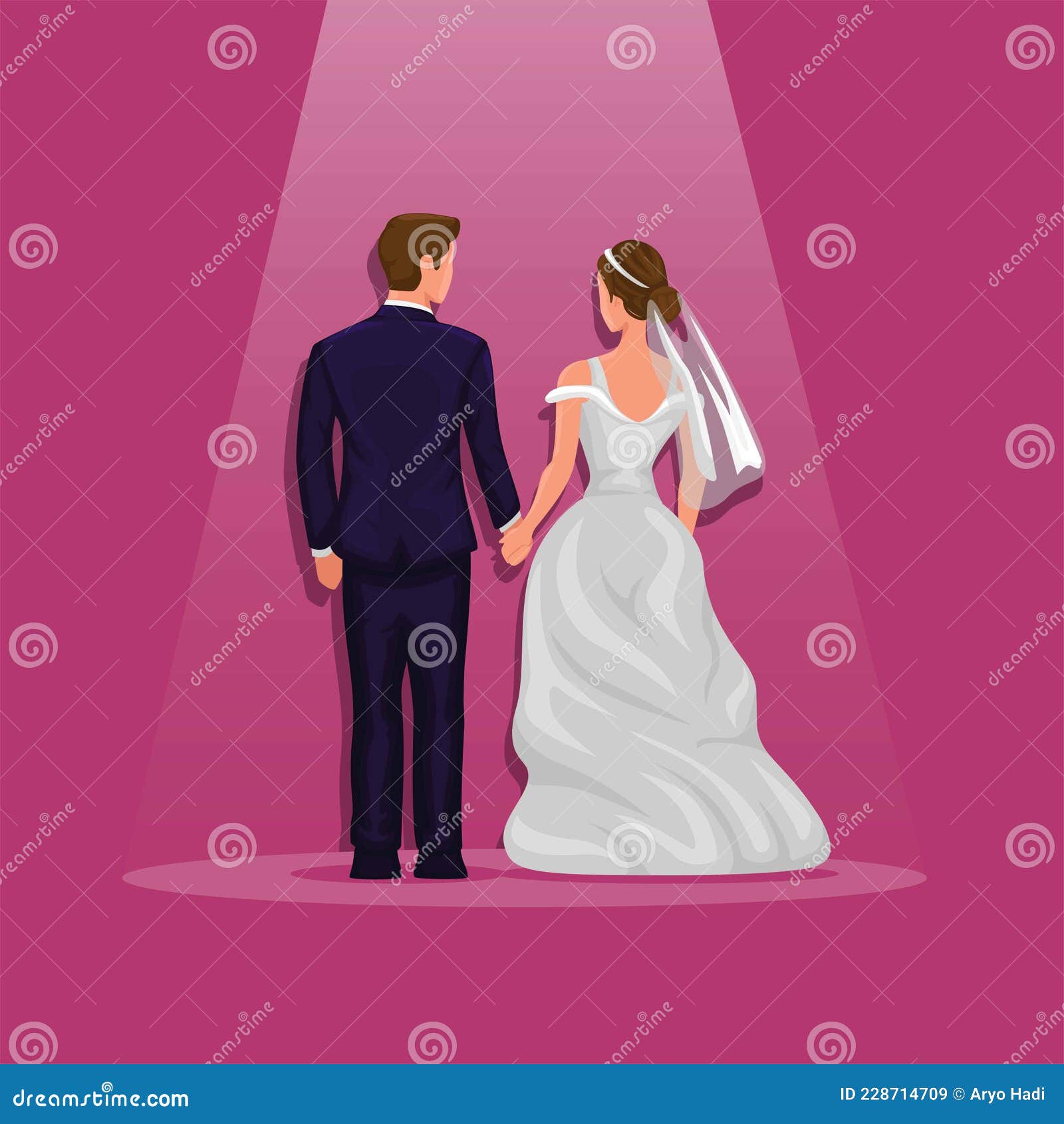 Wedding Couple Holding Hand Underspotlight from Back View. Bridal ...