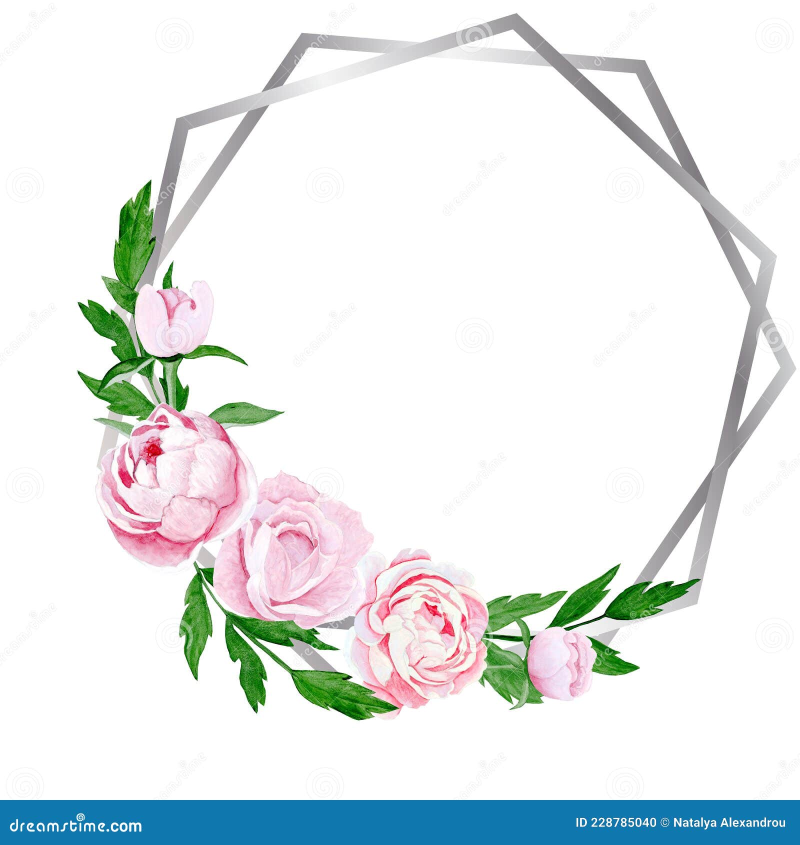 Silver Frame and Peonies Flowers. Watercolour Hand Drawn Illustration ...