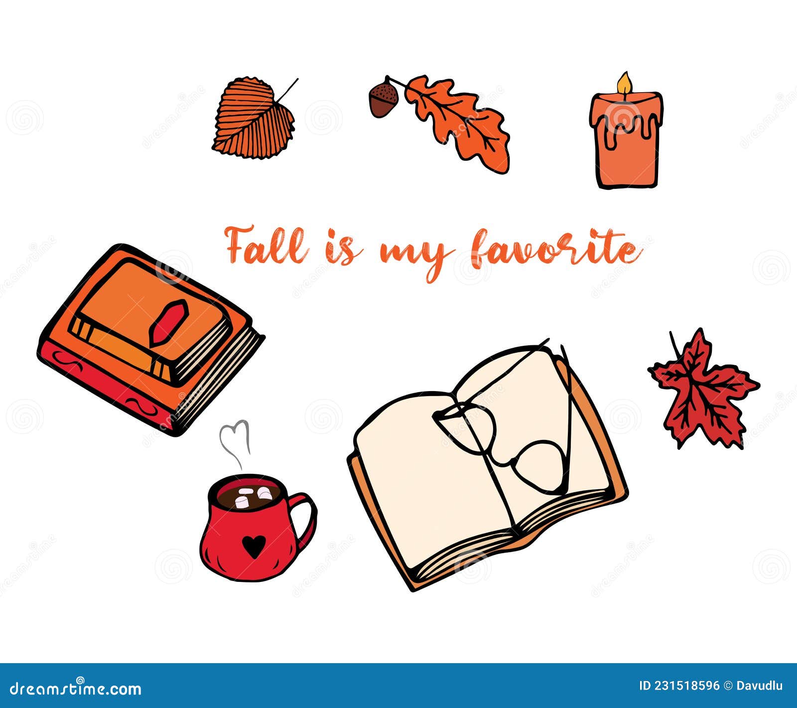 Autumn Icons Set: Falling Leaves, Candle, Mug, Book, Glasses and Other ...