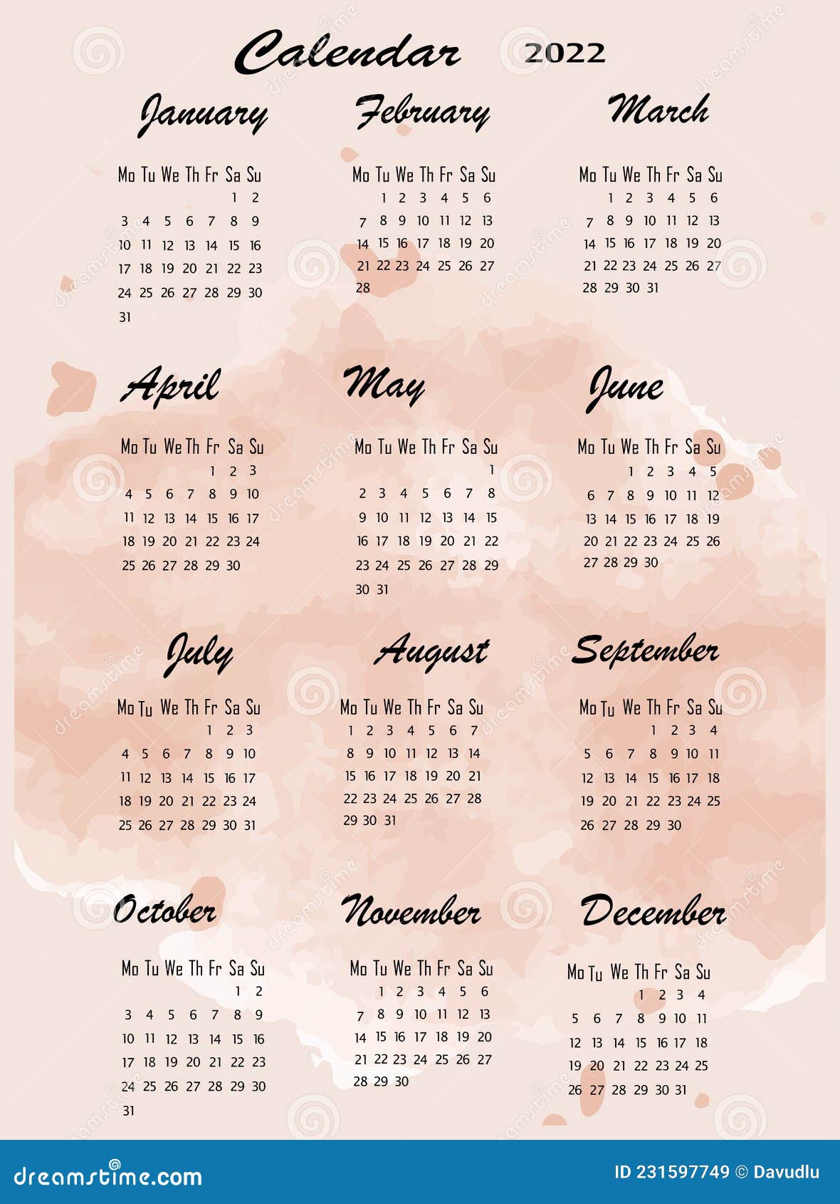 Yearly A4 Calendar or Planner 2022 Pink Watercolor. Week Starts on ...
