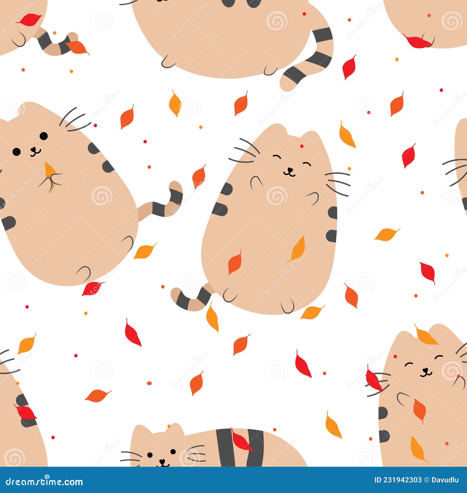 Cute Happy Cats with Autumn Leaves Seamless Pattern.Cozy Autumn Design ...