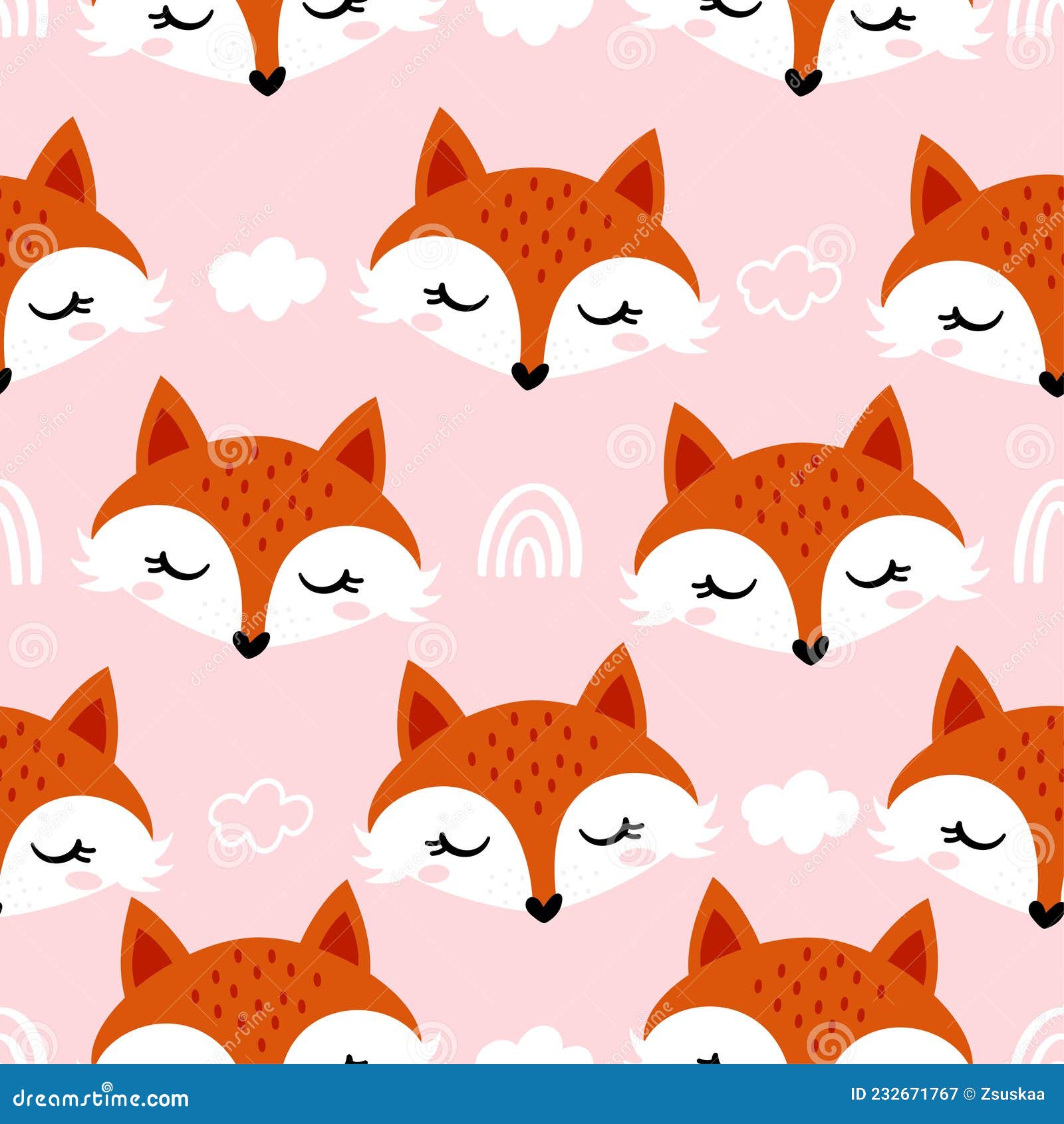 Cute Fox Pattern Design with Fox Heads and Clouds on Rose Background ...