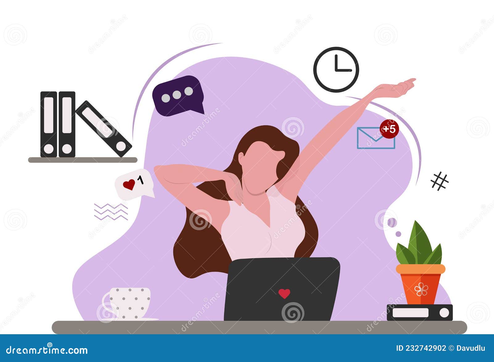 Young Woman Sitting at Desk with Laptop Taking Rest and Stretching ...
