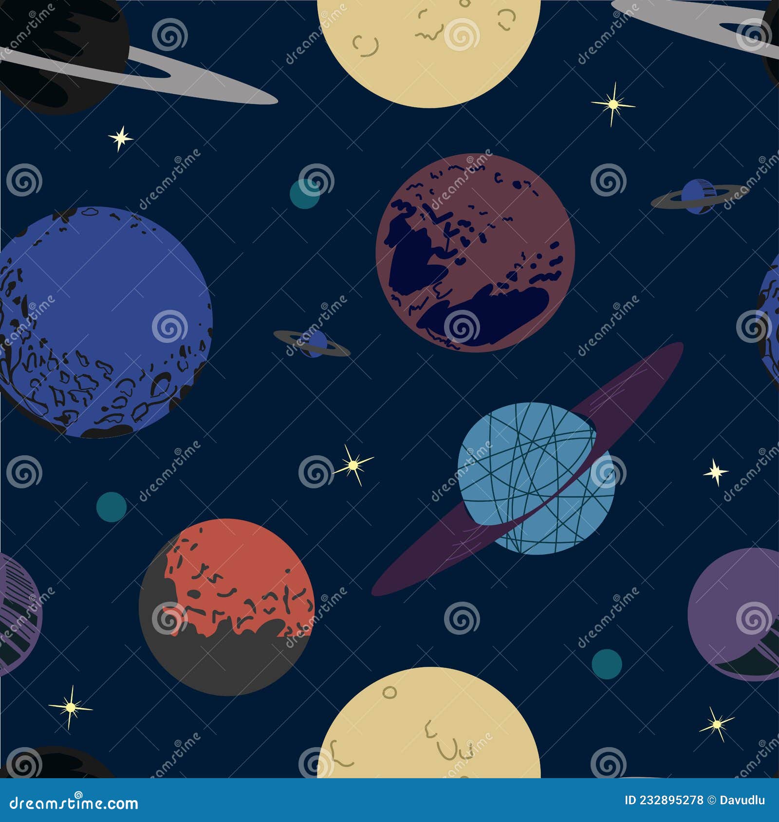 Color Seamless Space Pattern. Hand Drawn Planets, Cosmic Galaxy Texture ...