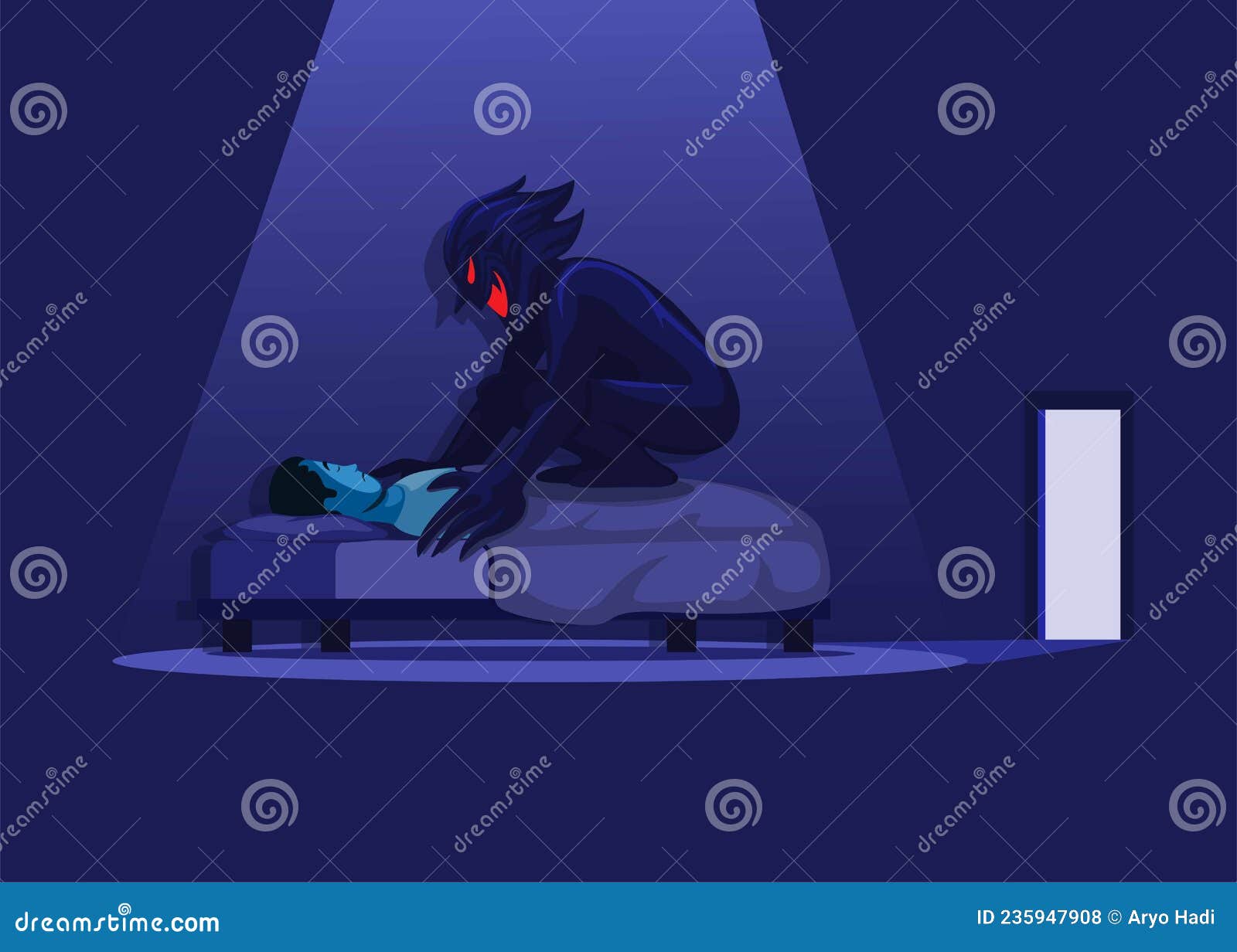 Sleep Paralysis with Demon in Bed. Nightmare Horror Scene Illustration ...
