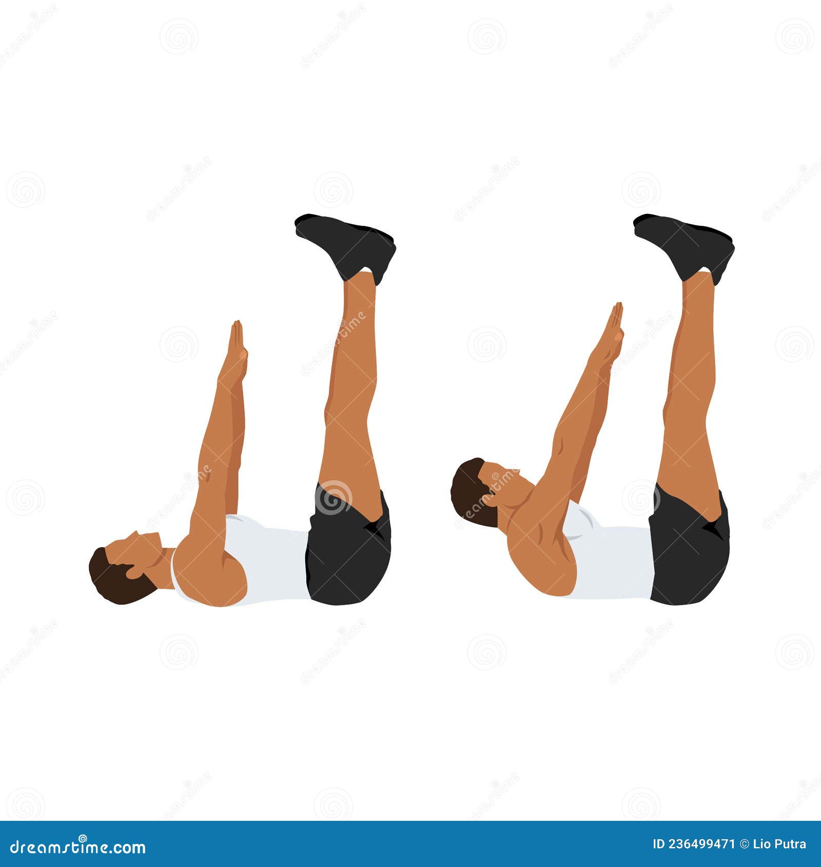 Man Doing Toe Reaches. Crunches Exercise. Flat Vector Illustration ...