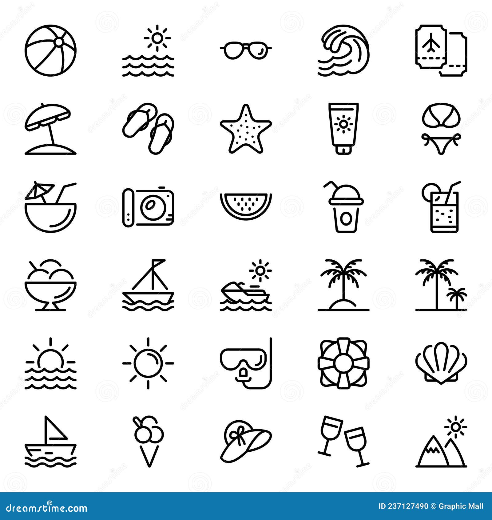 Outline icons for summer. stock illustration. Illustration of juice ...