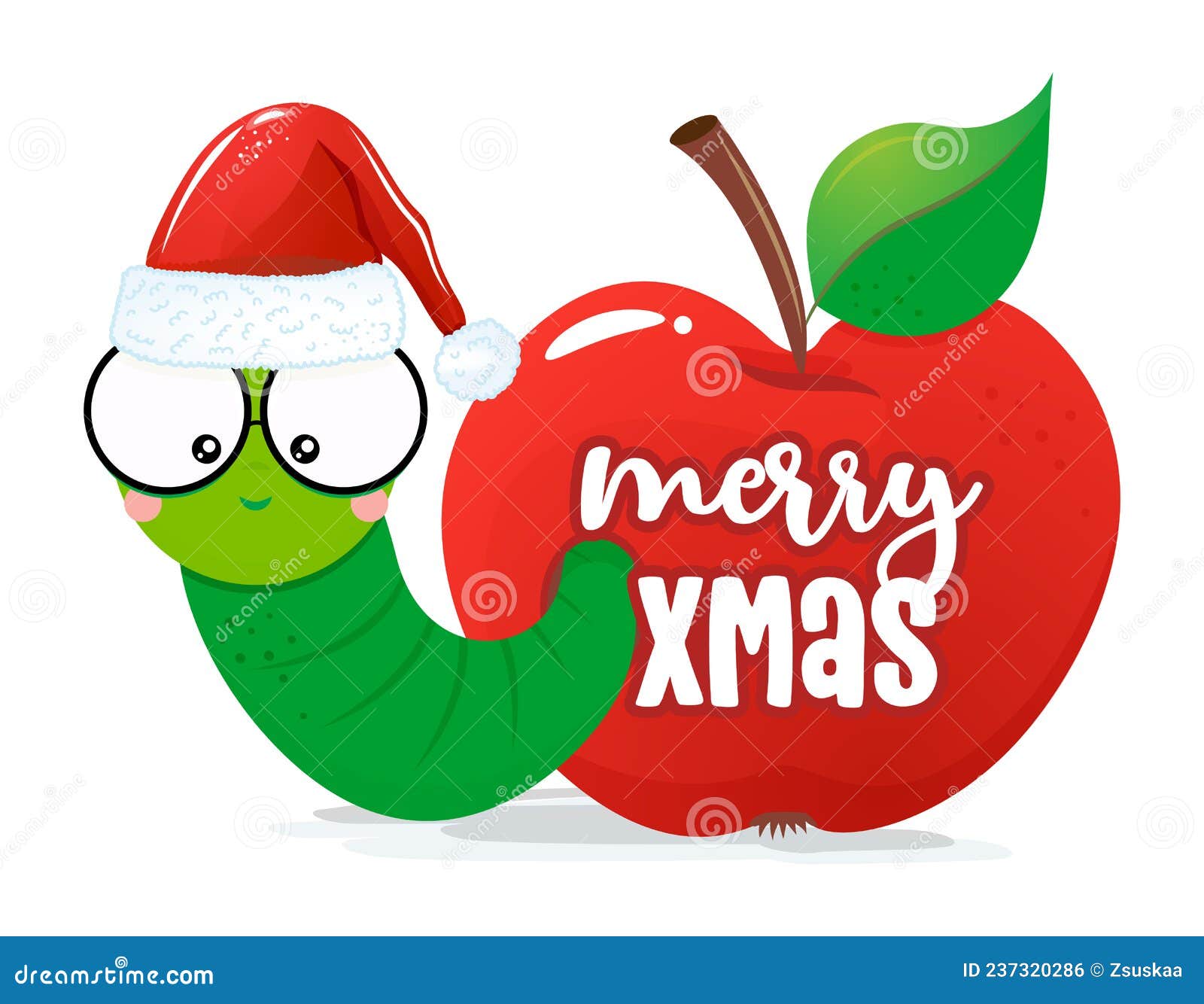 Merry Christmas, Cute Worm in Red Apple - Funny Maggot with Santa Hat ...