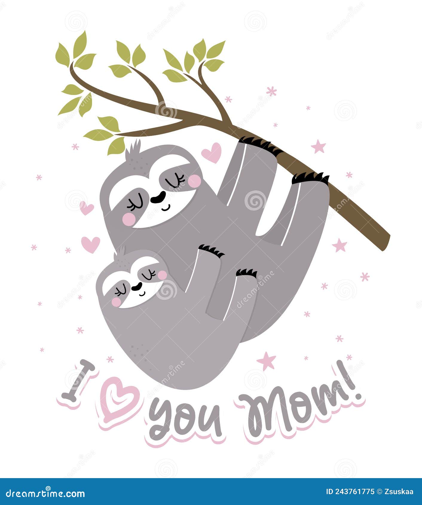 Love Sloth Postcard Vector Illustration. Valentine`s Day Card With Cute ...