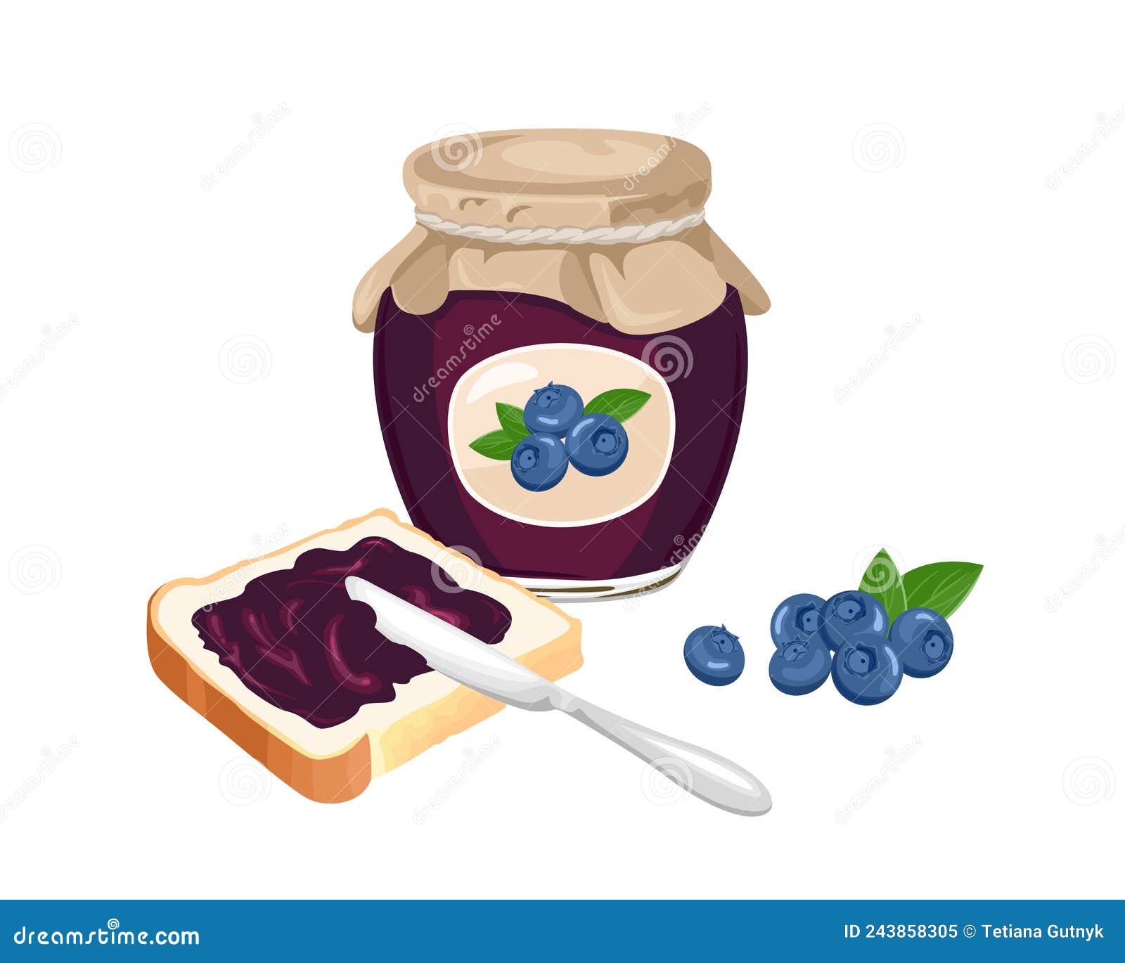 Blueberry Jam Set. Vector Sweet Food Illustration in Cartoon Flat Style ...