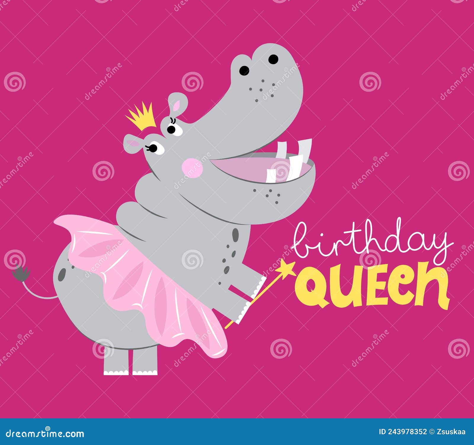 Birthday Queen - Funny Hand Drawn Doodle, Cartoon Hippopotamus. Stock ...