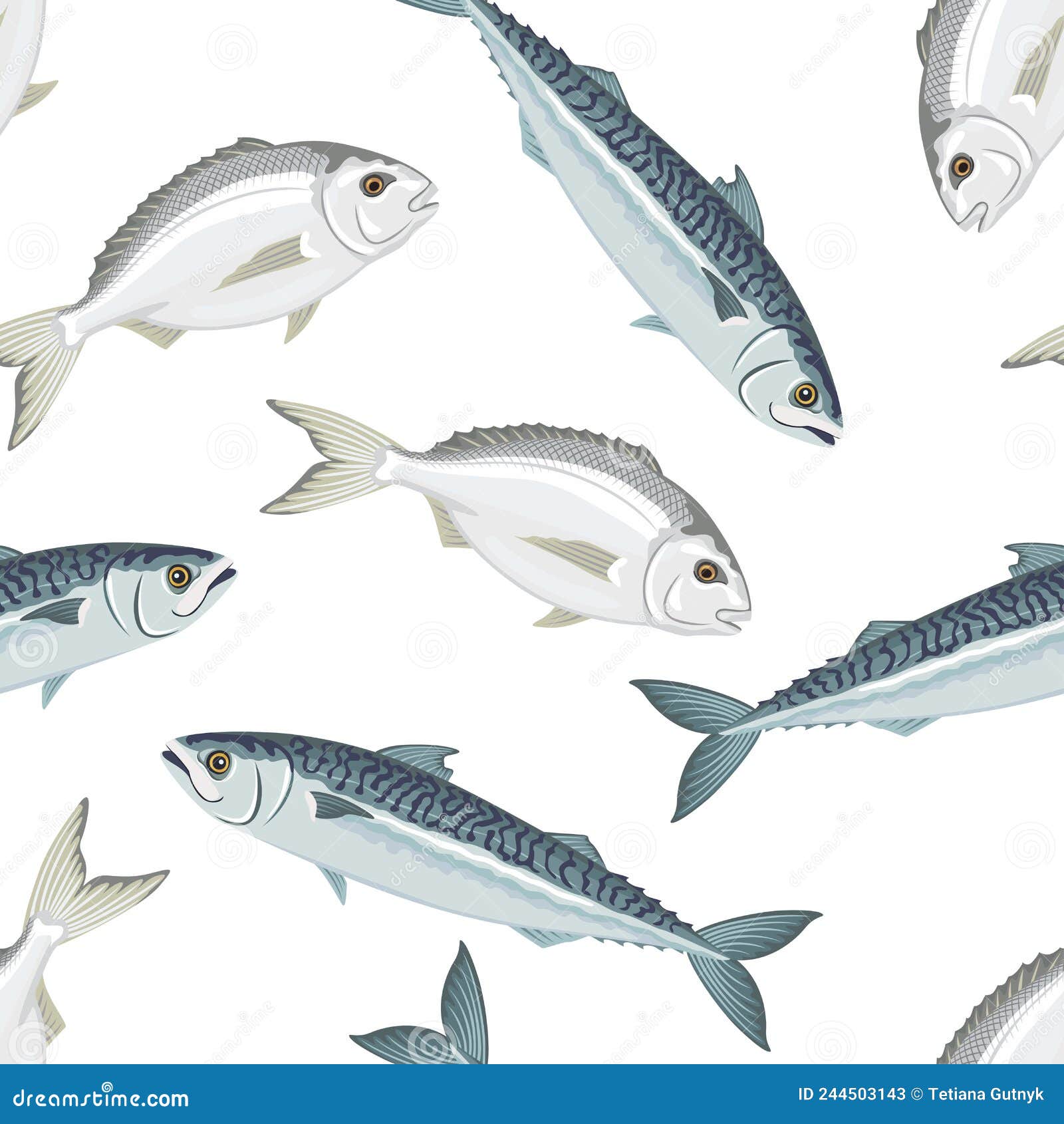 Fish Seamless Pattern. Vector Illustration of Dorado and Mackerel. Food ...